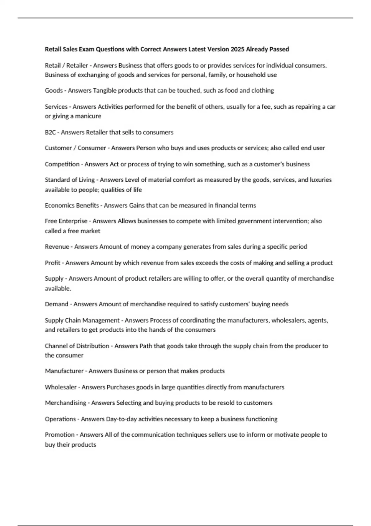 Retail Sales Exam Questions with Correct Answers Latest Version 2025 ...