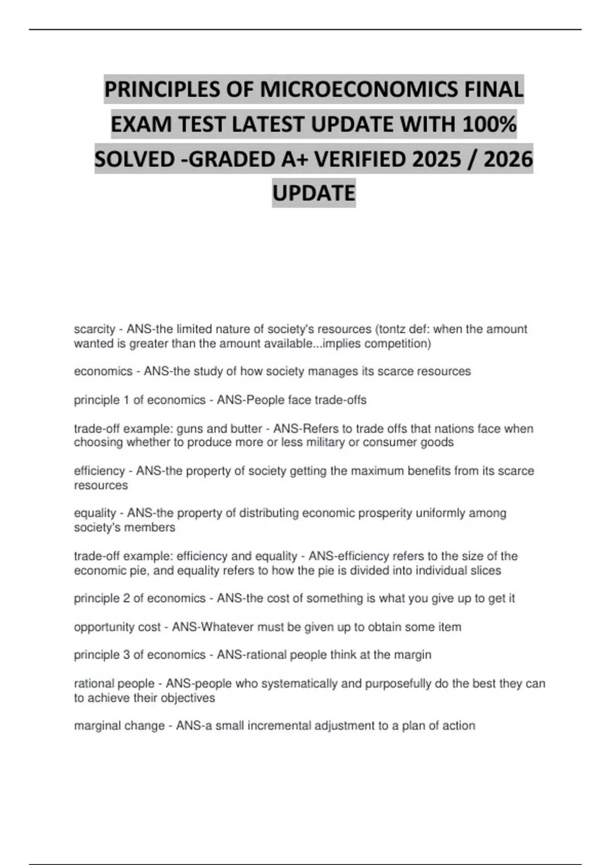 PRINCIPLES OF MICROECONOMICS FINAL EXAM TEST LATEST UPDATE WITH 100 ...