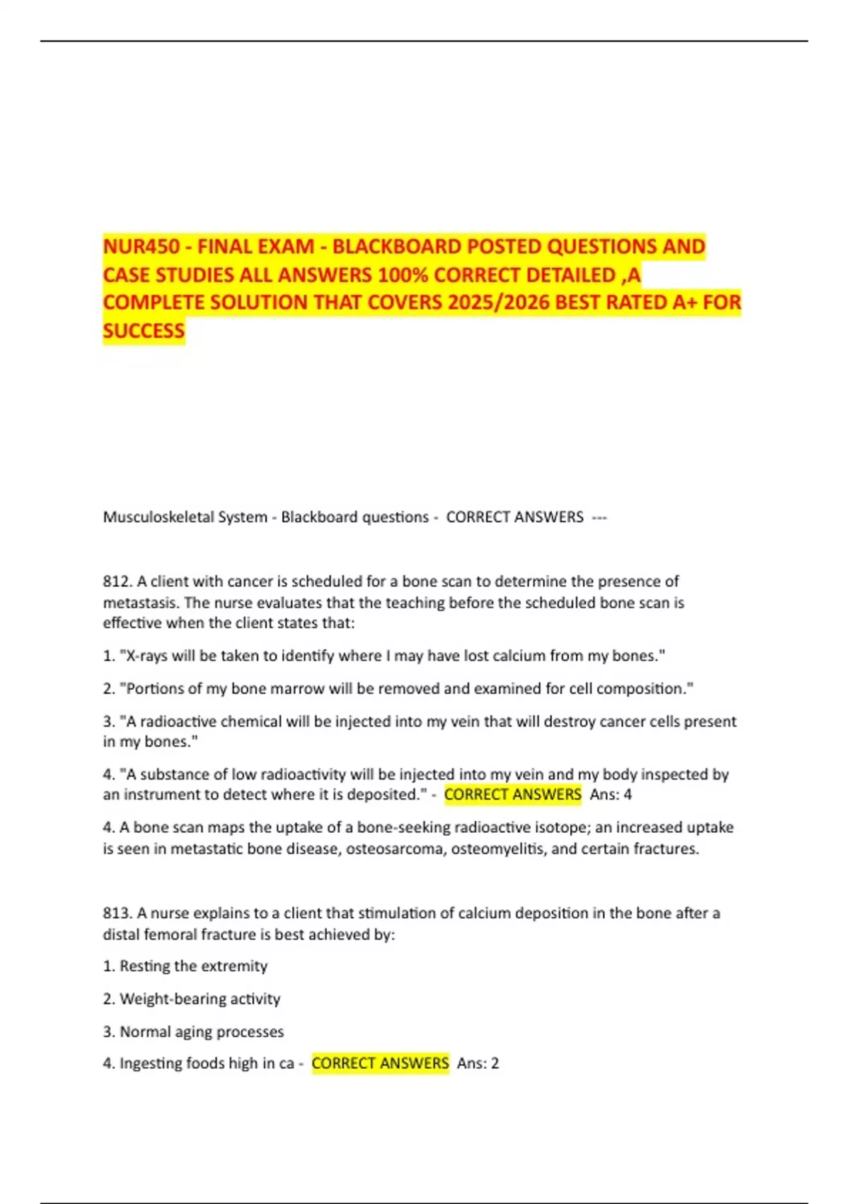 NUR450 - FINAL EXAM - BLACKBOARD POSTED QUESTIONS AND CASE STUDIES ALL ANSWERS 100% CORRECT ...