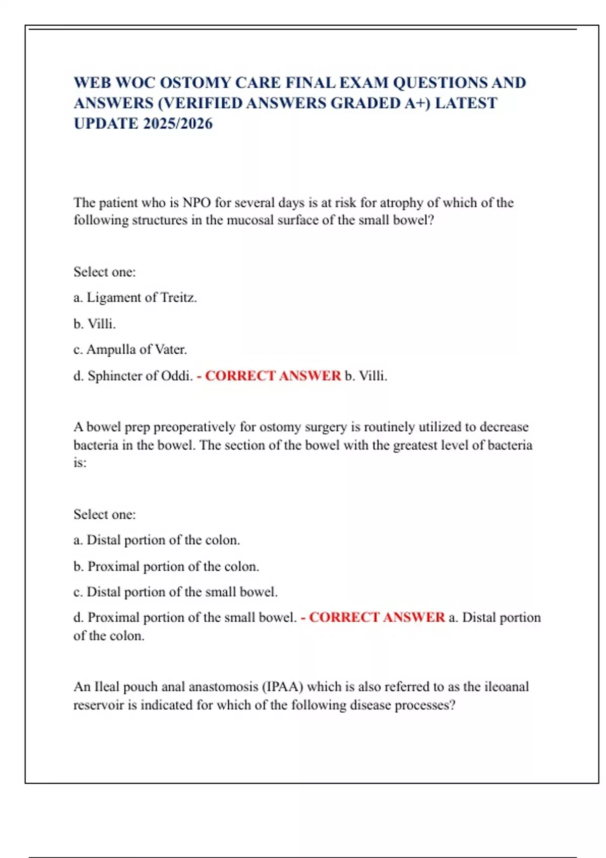 WEB WOC OSTOMY CARE FINAL EXAM QUESTIONS AND ANSWERS (VERIFIED ANSWERS ...