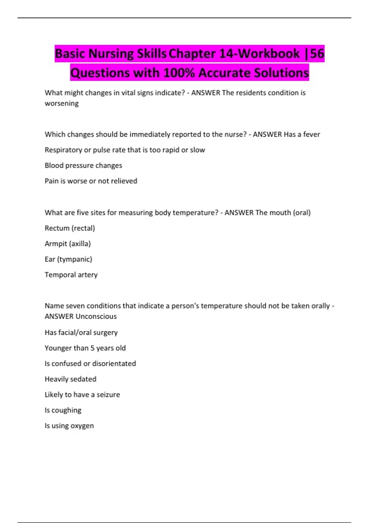 Basic Nursing Skills Chapter 14-Workbook |56 Questions with 100% ...