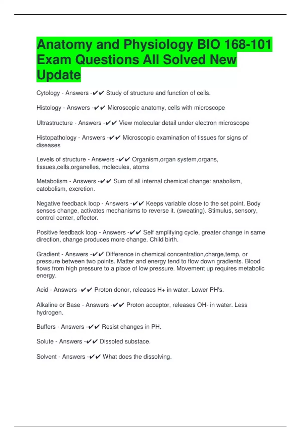 Anatomy and Physiology BIO 168-101 Exam Questions All Solved New Update ...
