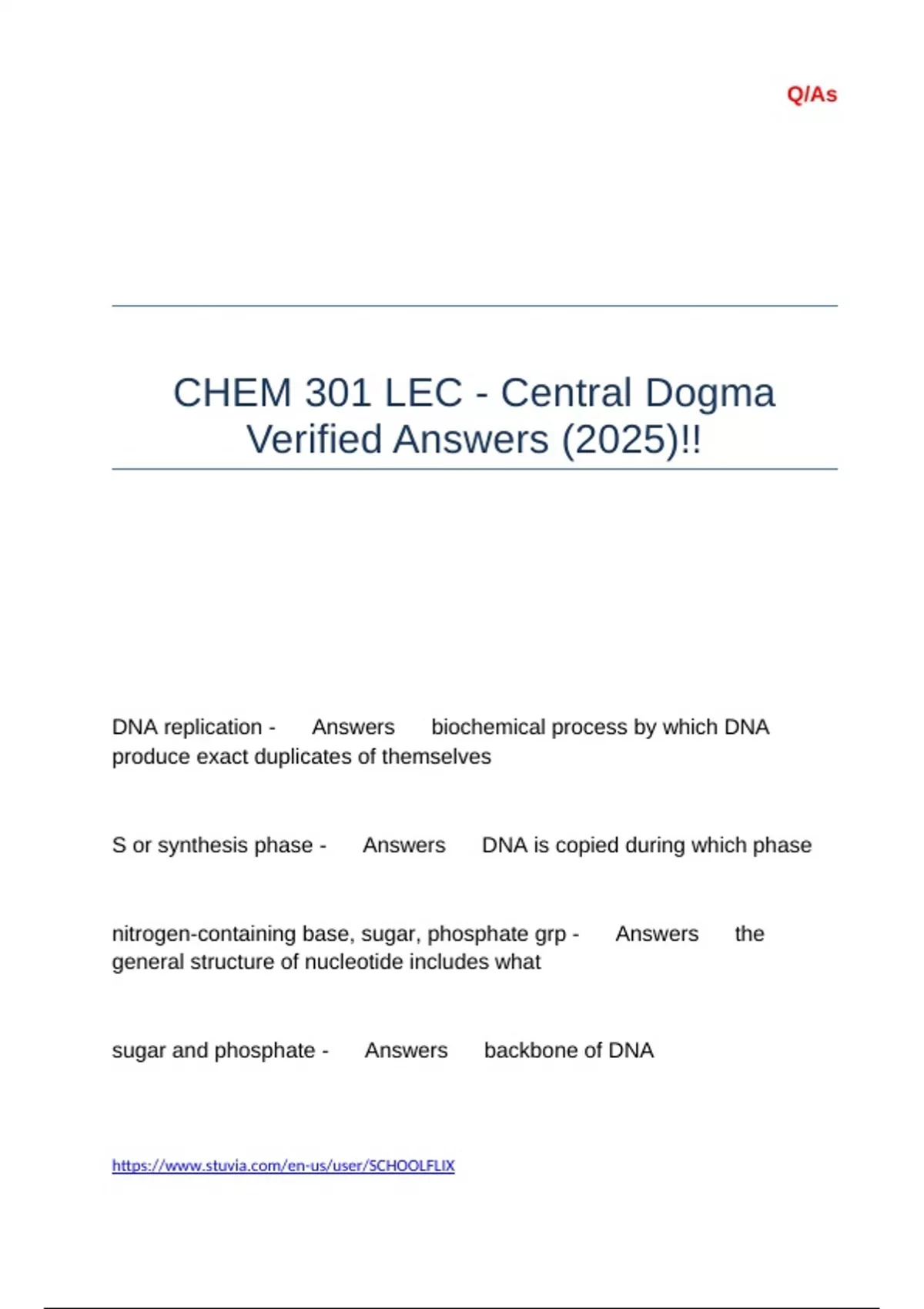 CHEM 301 LEC - Central Dogma Verified Answers (2025)!! - CHEM 301 - Stuvia US