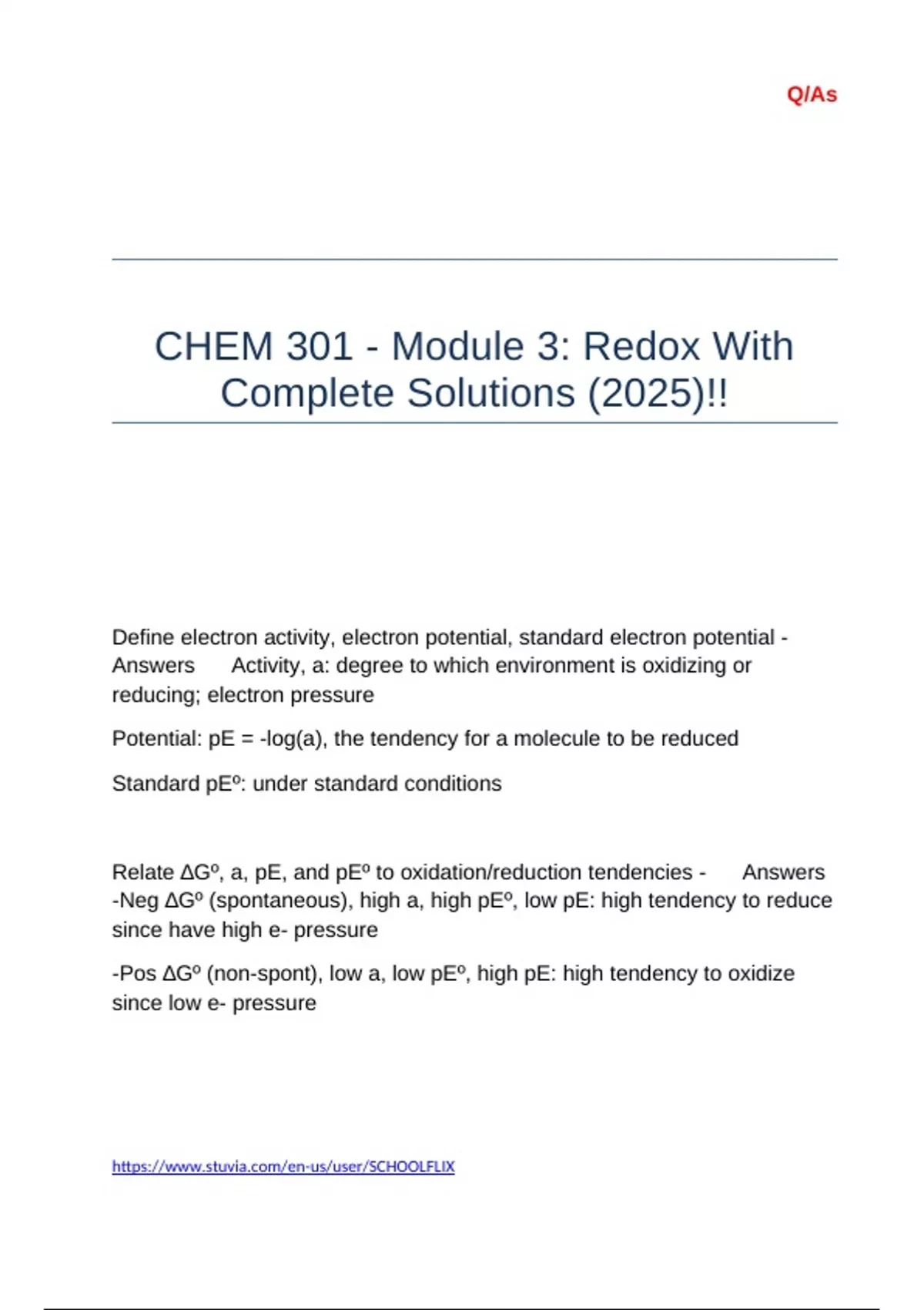 CHEM 301 - Module 3 Redox With Complete Solutions (2025)!! - CHEM 301 - Stuvia US