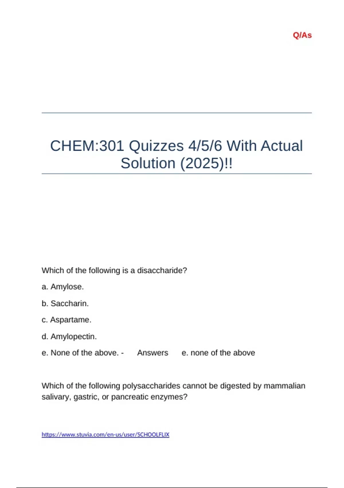CHEM 301 Quizzes 4-5-6 With Actual Solution (2025)!! - CHEM 301 - Stuvia US