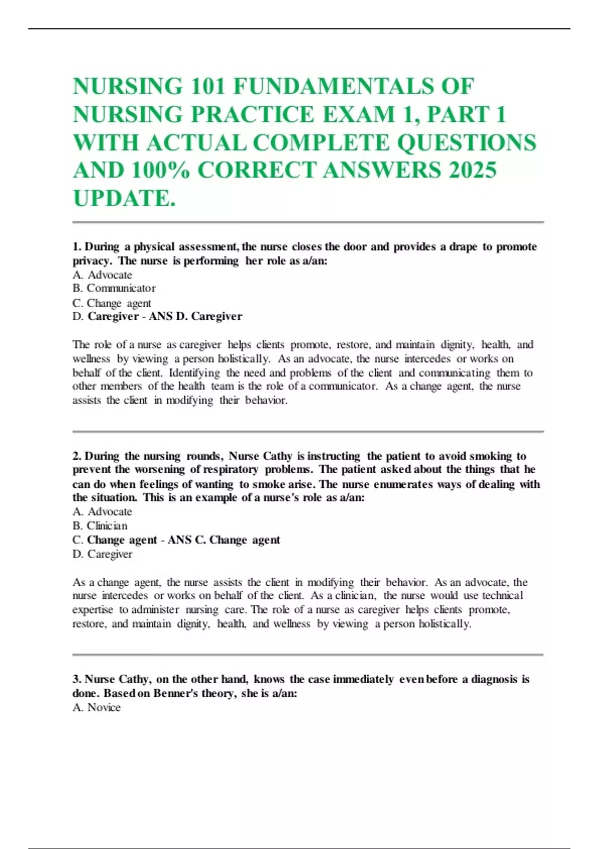 NURSING 101 FUNDAMENTALS OF NURSING PRACTICE EXAM 1, PART 1 WITH ACTUAL ...