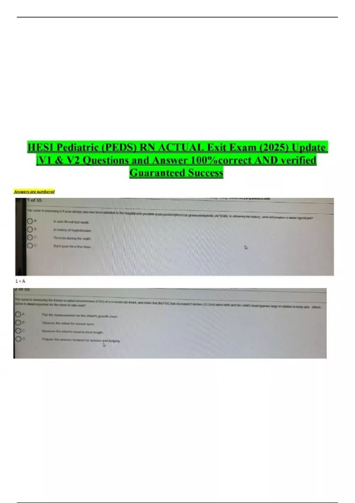 HESI Pediatric (PEDS) RN ACTUAL Exit Exam (2025) Update |V1 & V2 ...