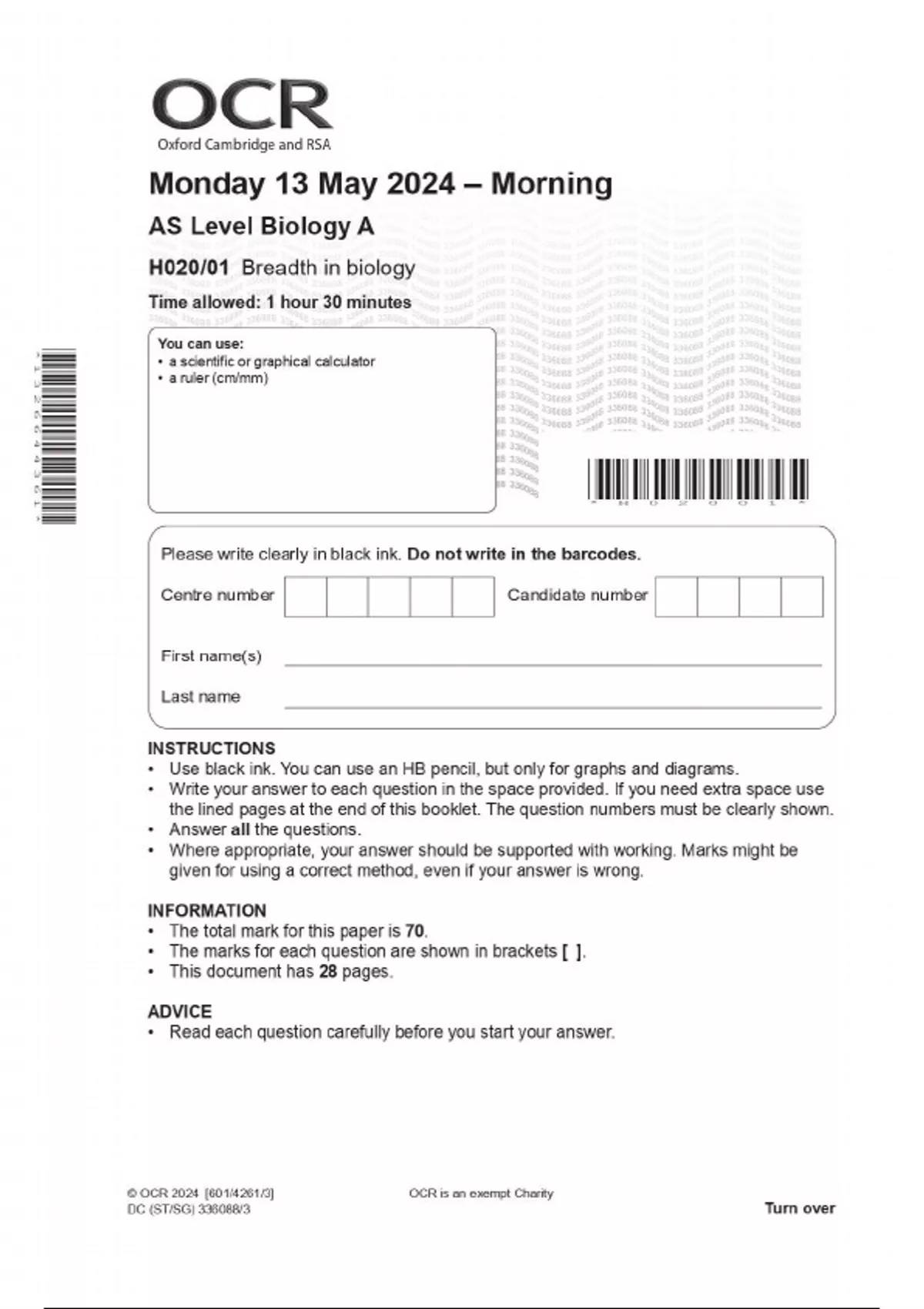AS-LEVEL & A-LEVEL 2025 OCR BIOLOGY A QUESTION PAPERS INCLUDING ALL MARK SCHEMES - Stuvia UK