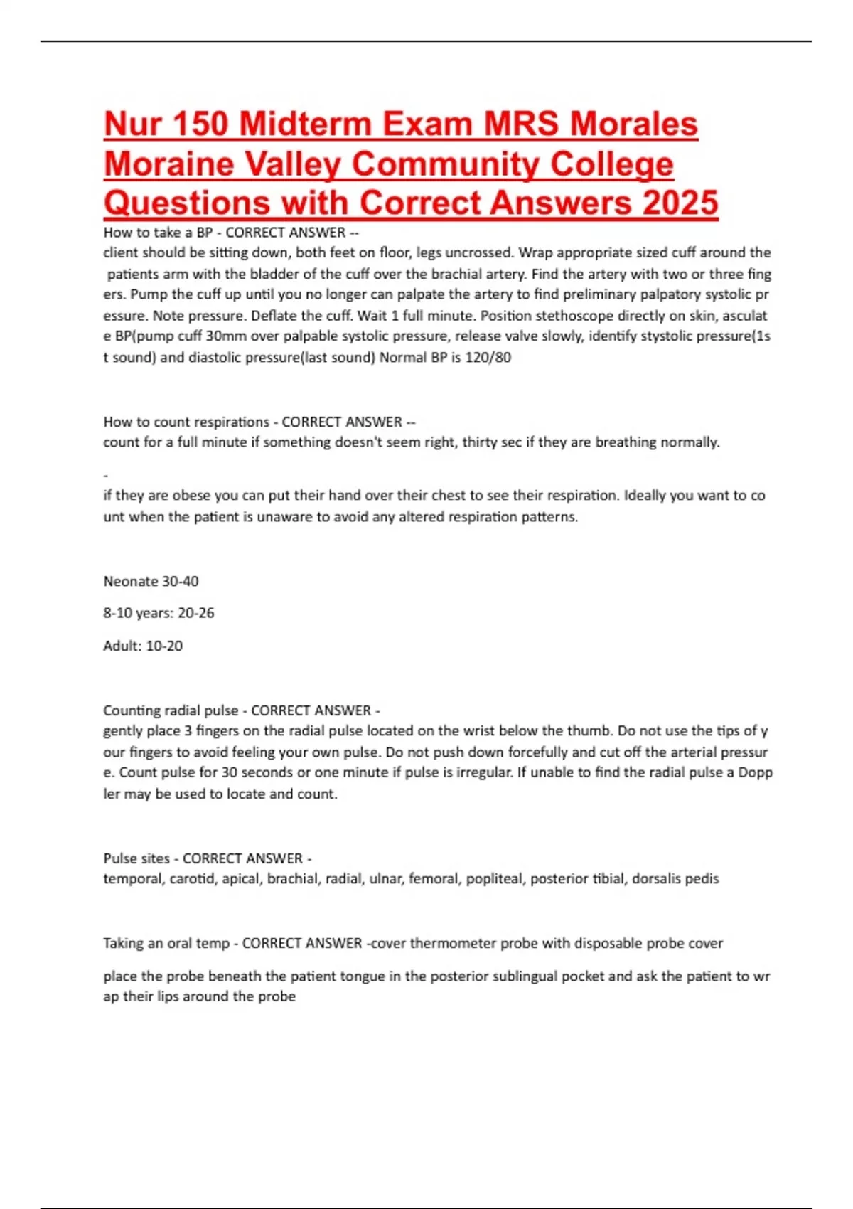 Nur 150 Midterm Exam MRS Morales Moraine Valley Community College ...