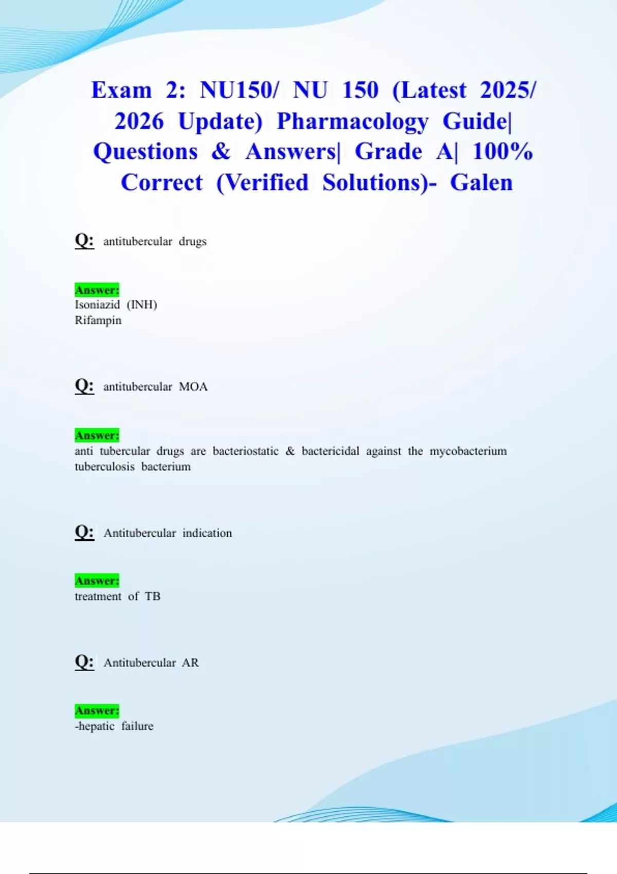 Exam 2: NU150/ NU 150 (Latest 2025/ 2026 Update) Pharmacology Guide ...