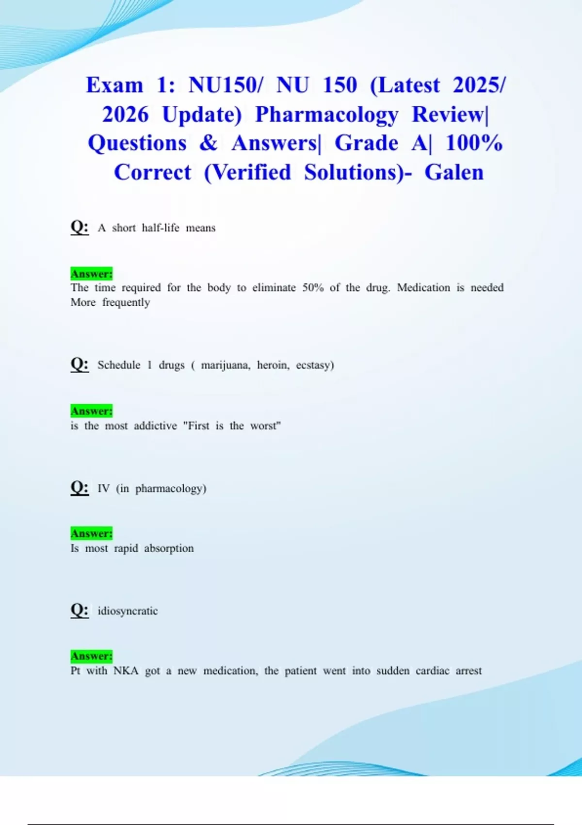 Exam 1: NU150/ NU 150 (Latest 2025/ 2026 Update) Pharmacology Review ...