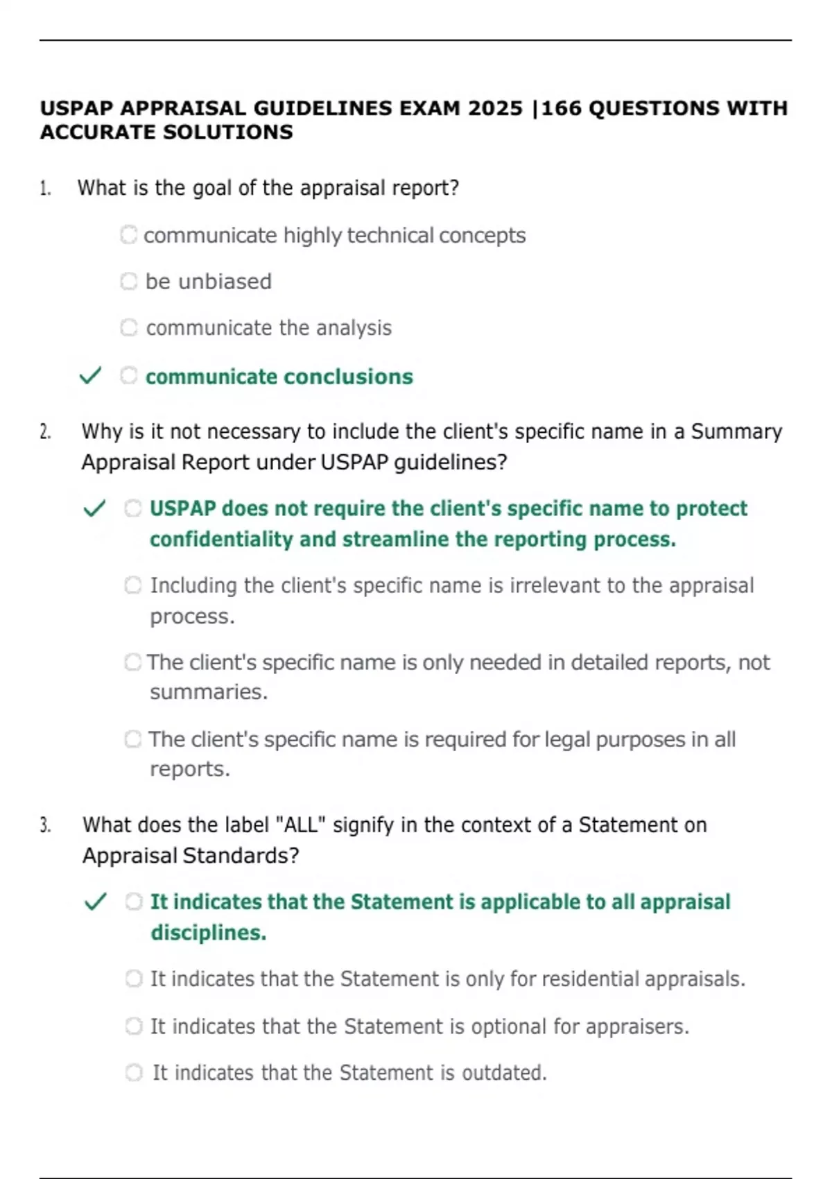 USPAP APPRAISAL GUIDELINES EXAM 2025 |166 QUESTIONS WITH ACCURATE ...