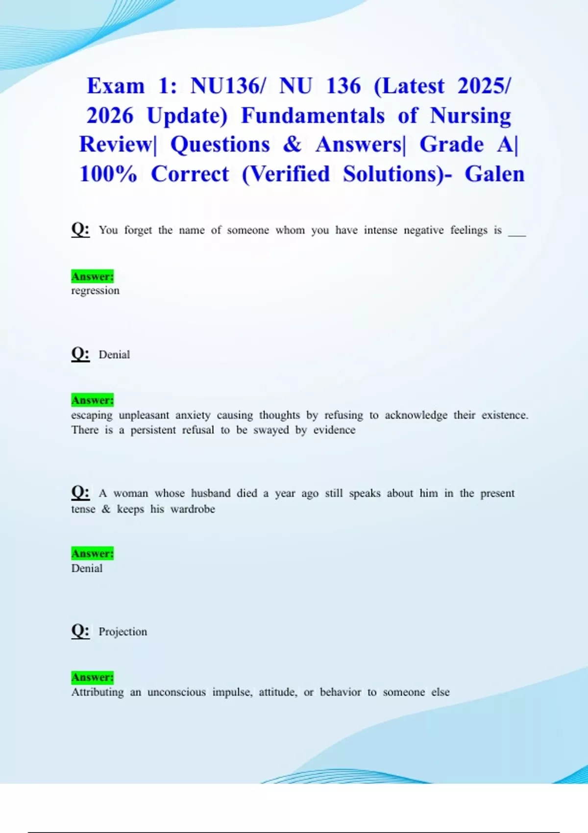 Exam 1: NU136/ NU 136 (Latest 2025/ 2026 Update) Fundamentals of ...