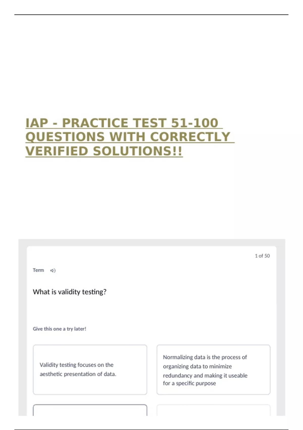 IAP - PRACTICE TEST 51-100 QUESTIONS WITH CORRECTLY VERIFIED SOLUTIONS ...