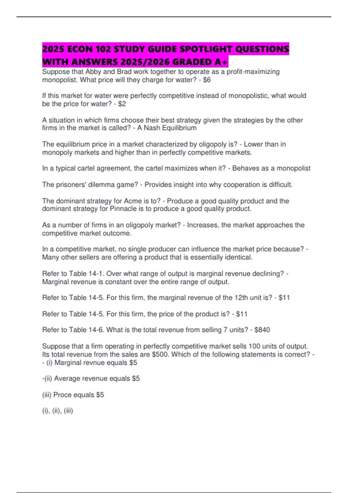 2025 ECON 1500 STUDY GUIDE SPOTLIGHT QUESTIONS WITH ANSWERS 2025/2026 ...