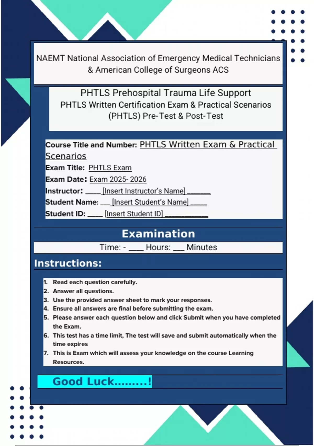PHTLS Post Test PHTLS Prehospital Trauma Life Support Exam Study Guide ...