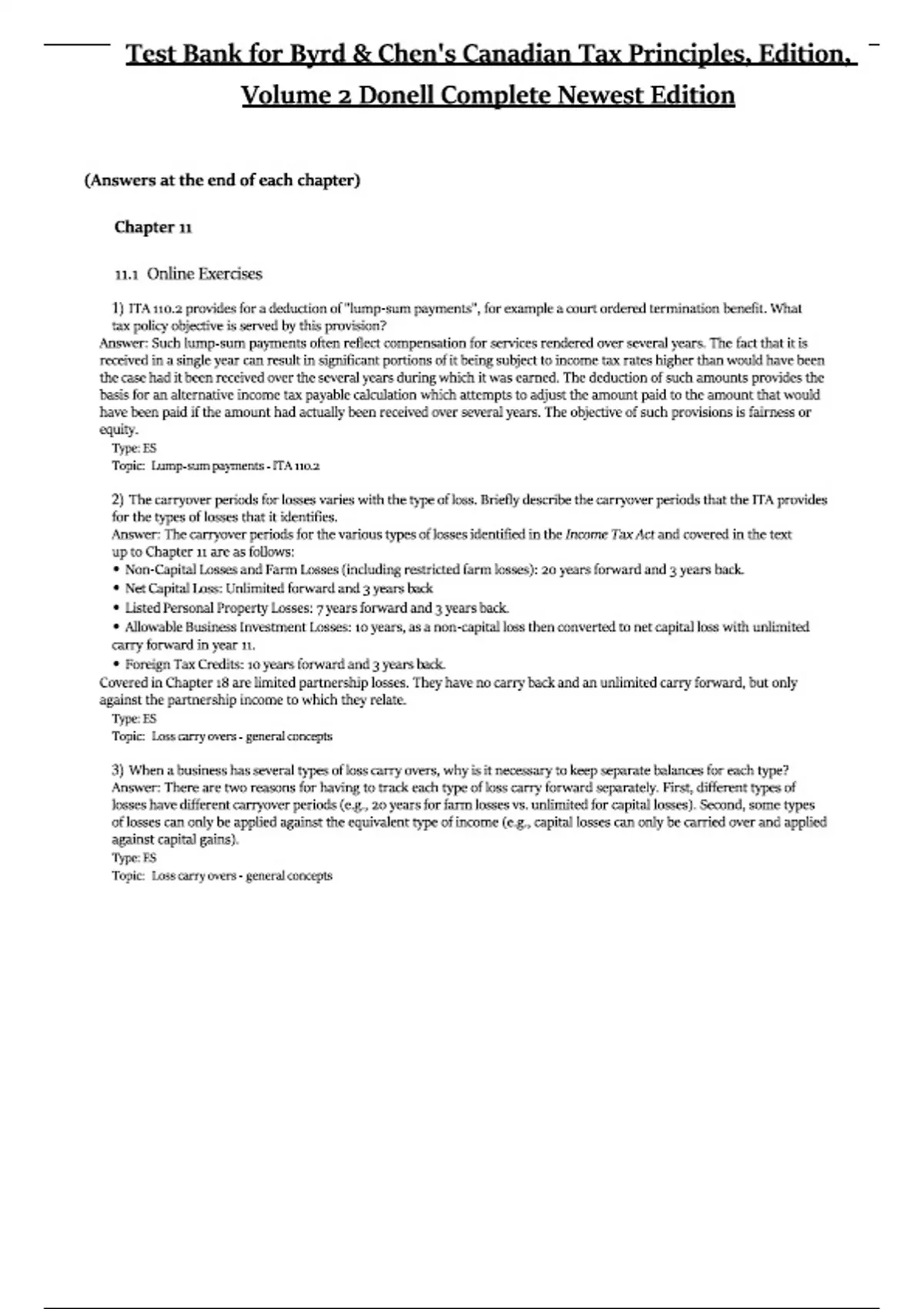 Test Bank for Byrd & Chen's Canadian Tax Principles, 2025 Edition ...