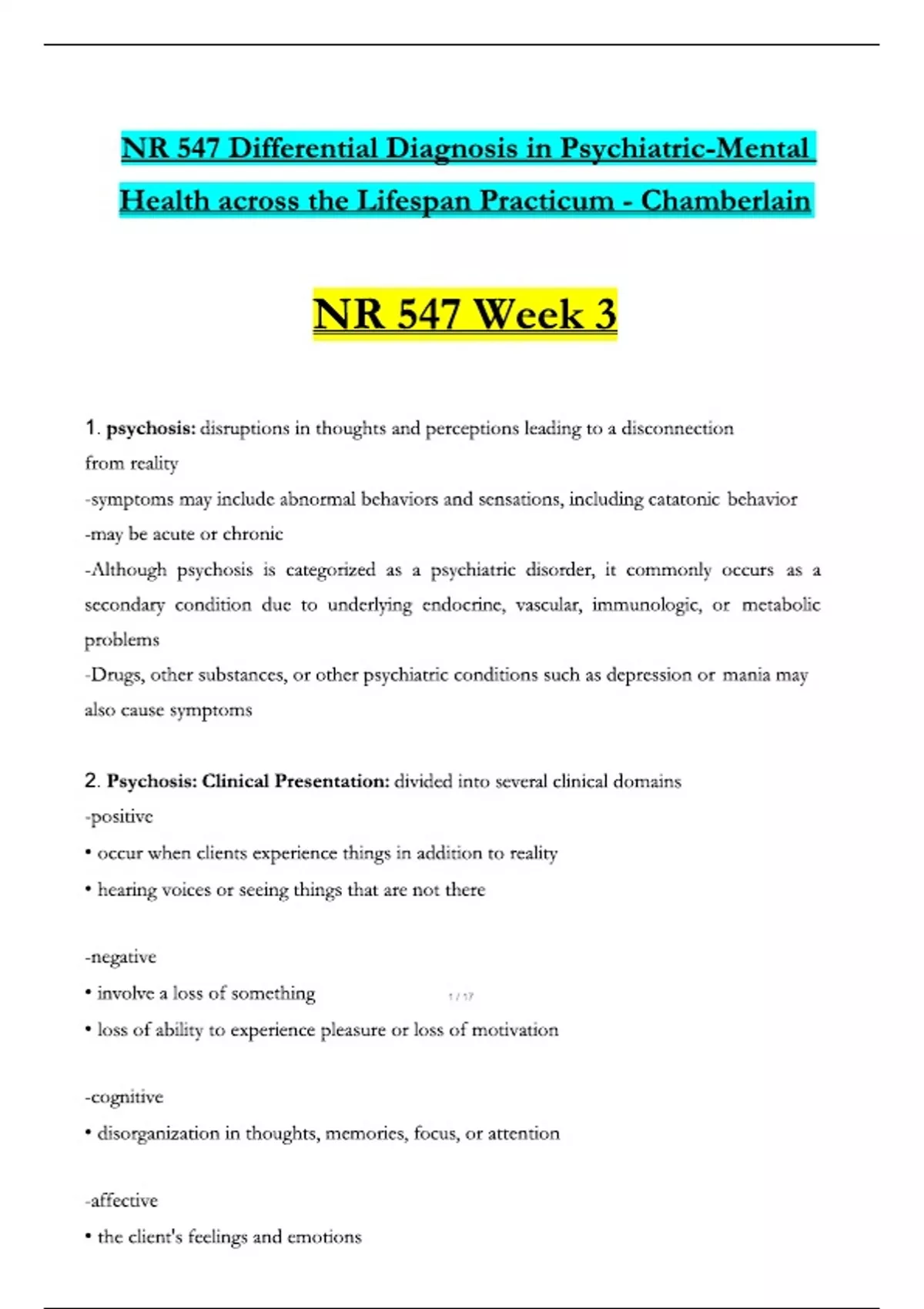 NR 547 Differential Diagnosis in Psychiatric-Mental Health across the ...