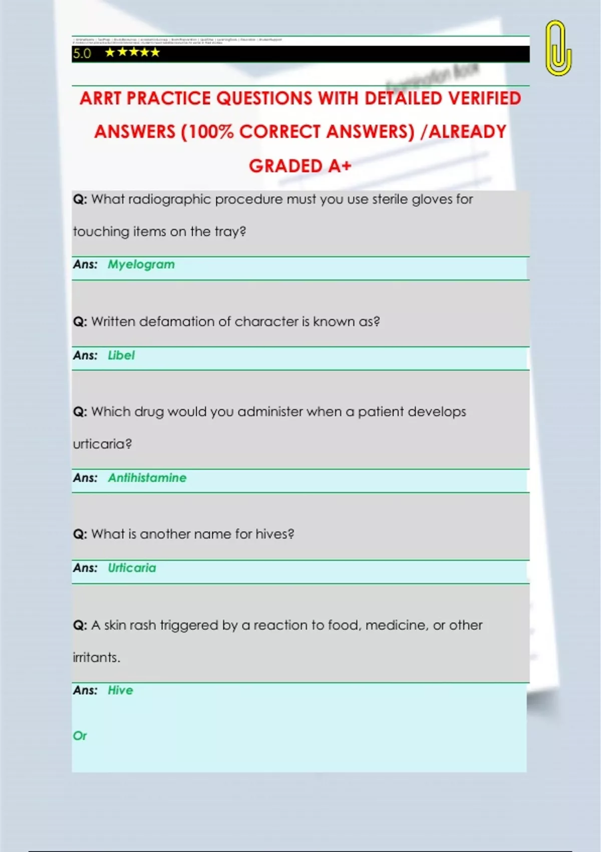 ARRT PRACTICE QUESTIONS WITH DETAILED VERIFIED ANSWERS (100% CORRECT ...