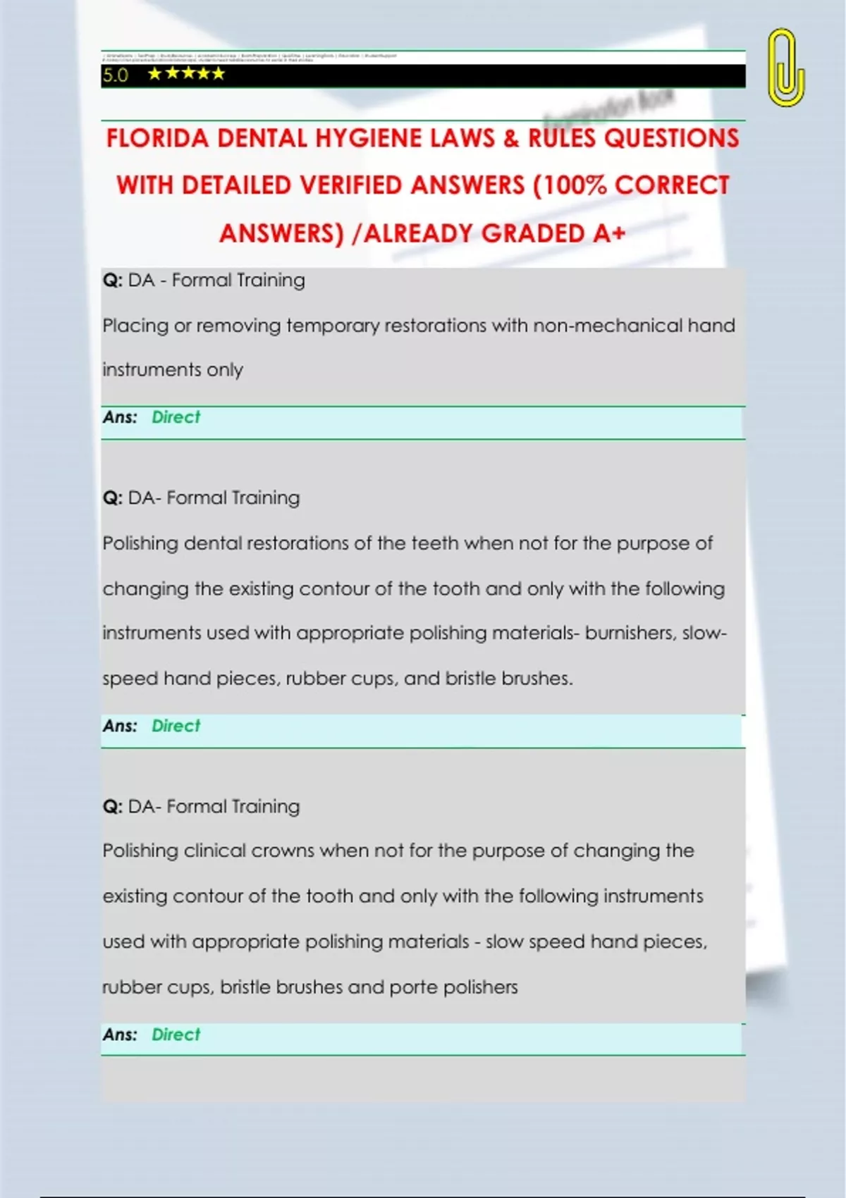 FLORIDA DENTAL HYGIENE LAWS & RULES QUESTIONS WITH DETAILED VERIFIED ...