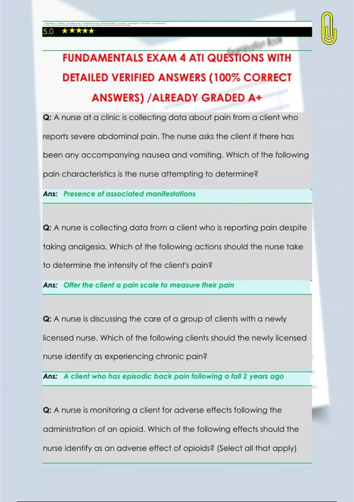 FUNDAMENTALS EXAM 4 ATI QUESTIONS WITH DETAILED VERIFIED ANSWERS (100% ...