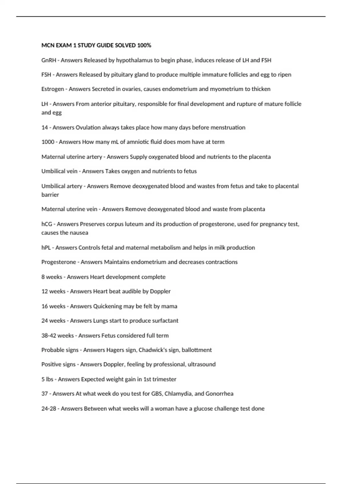 MCN EXAM 1 STUDY GUIDE SOLVED 100% - MCN - Stuvia US