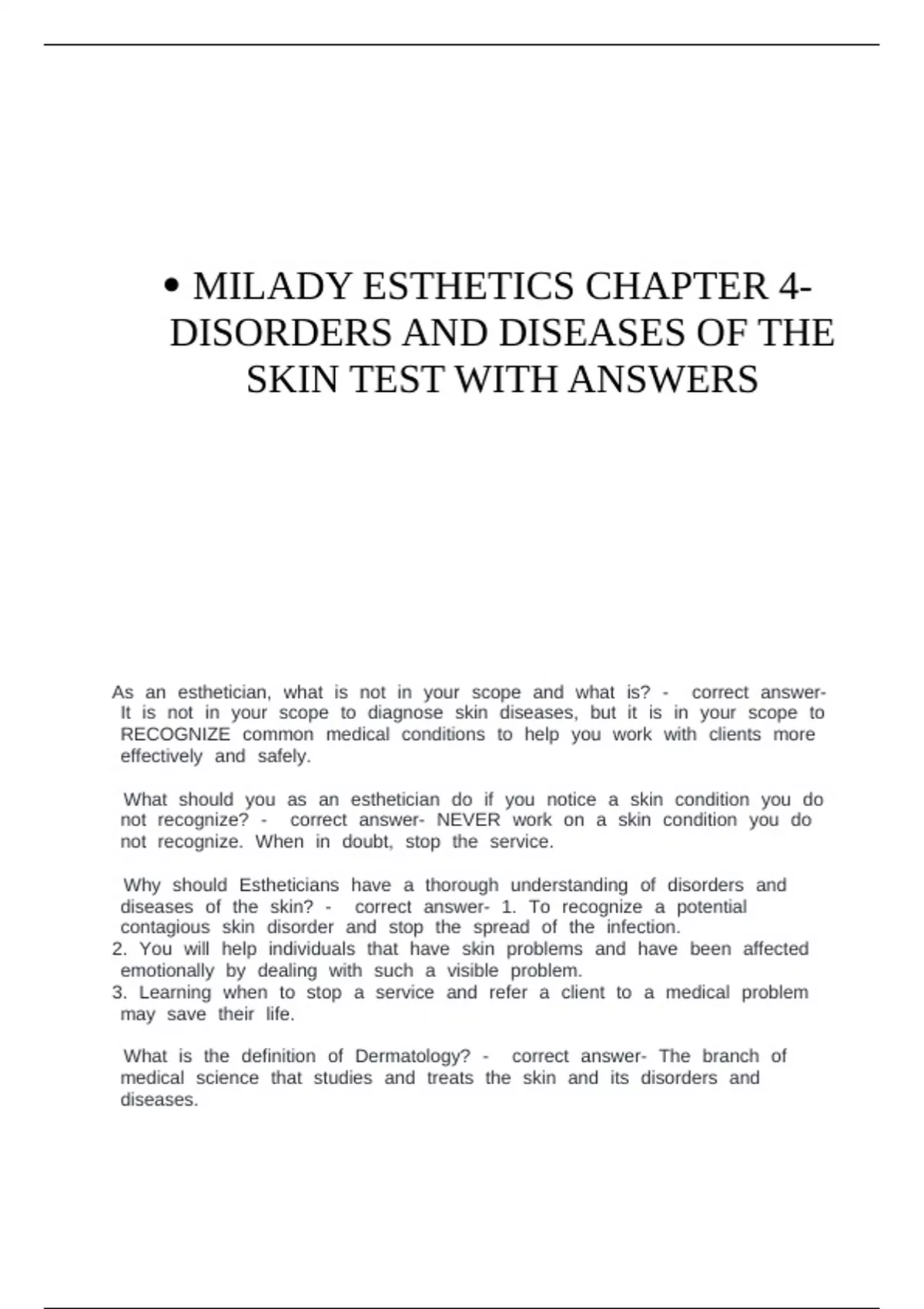 MILADY ESTHETICS CHAPTER 4- DISORDERS AND DISEASES OF THE SKIN TEST ...