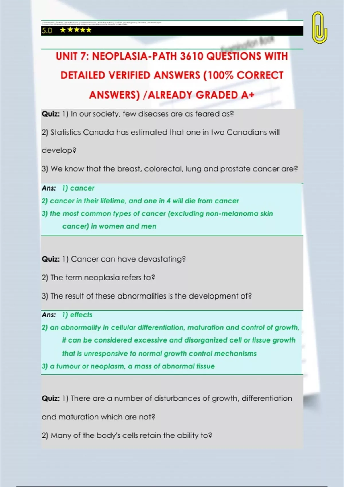 UNIT 7: NEOPLASIA-PATH 3610 QUESTIONS WITH DETAILED VERIFIED ANSWERS (100% CORRECT ANSWERS ...