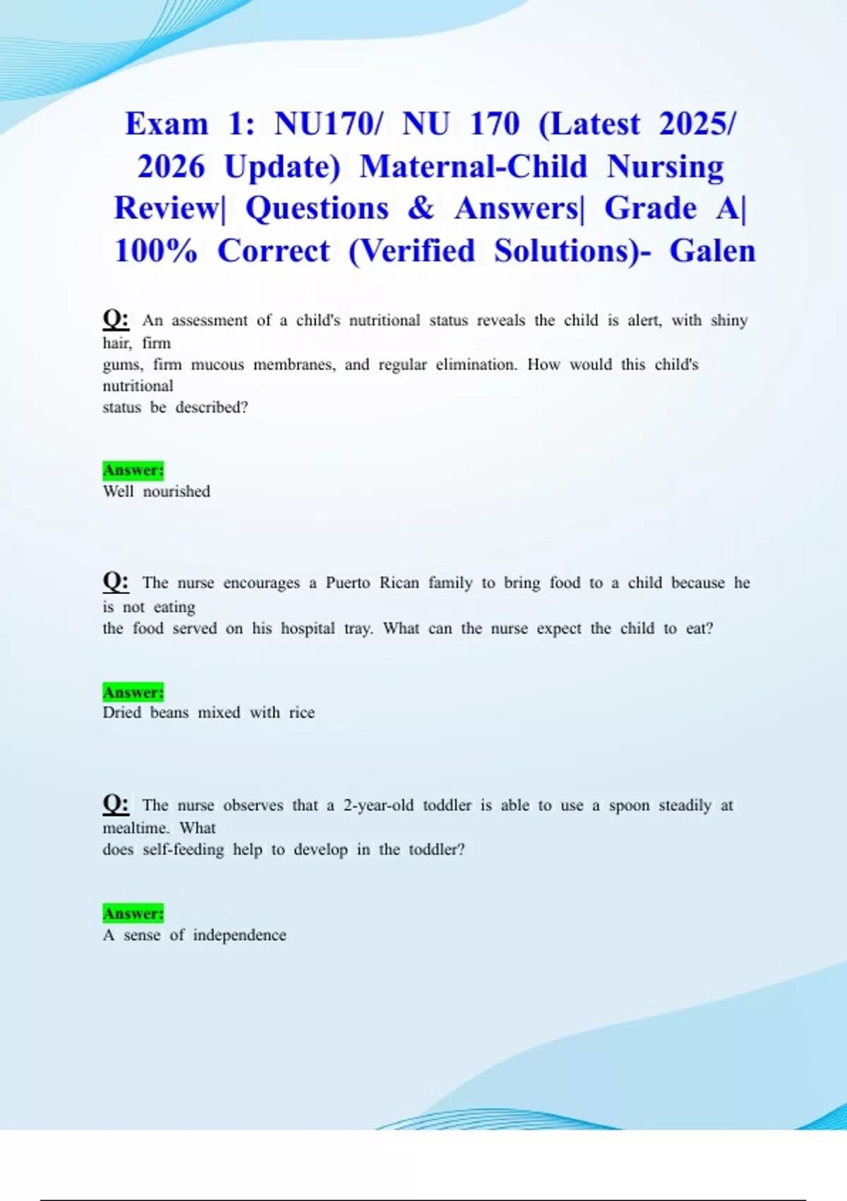 Exam 1: NU170/ NU 170 (Latest 2025/ 2026 Update) Maternal-Child Nursing ...
