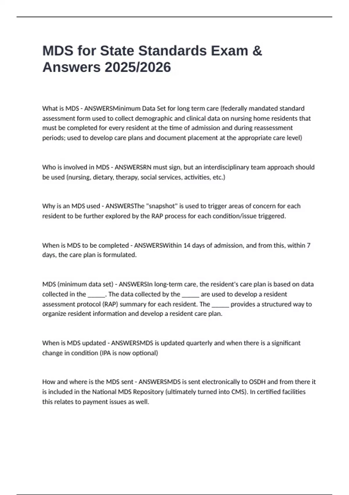 MDS for State Standards Exam & Answers 2025/2026 - MDS for State ...