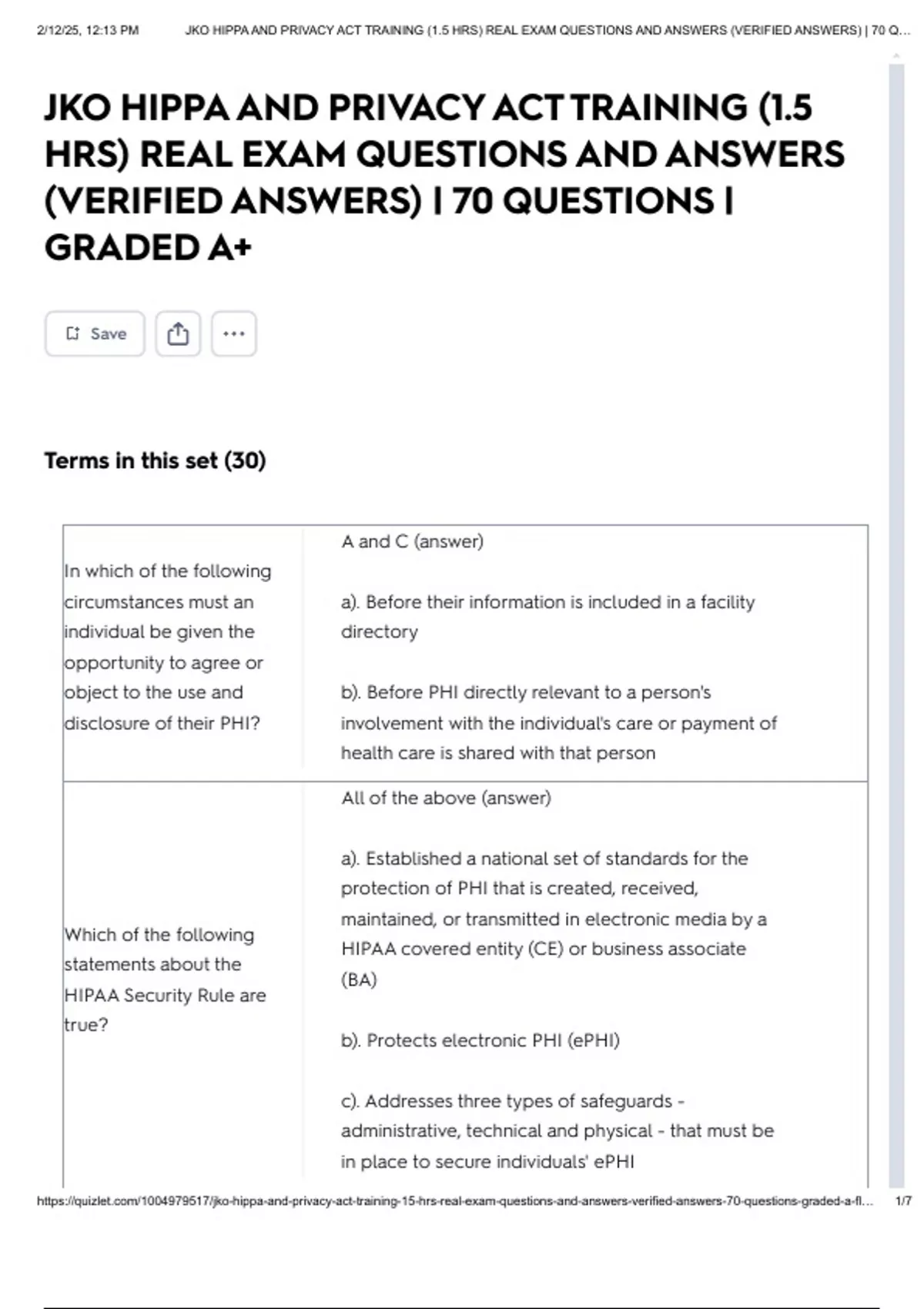 JKO HIPPA AND PRIVACY ACT TRAINING (1.5 HRS) REAL EXAM QUESTIONS AND ANSWERS (VERIFIED ANSWERS ...