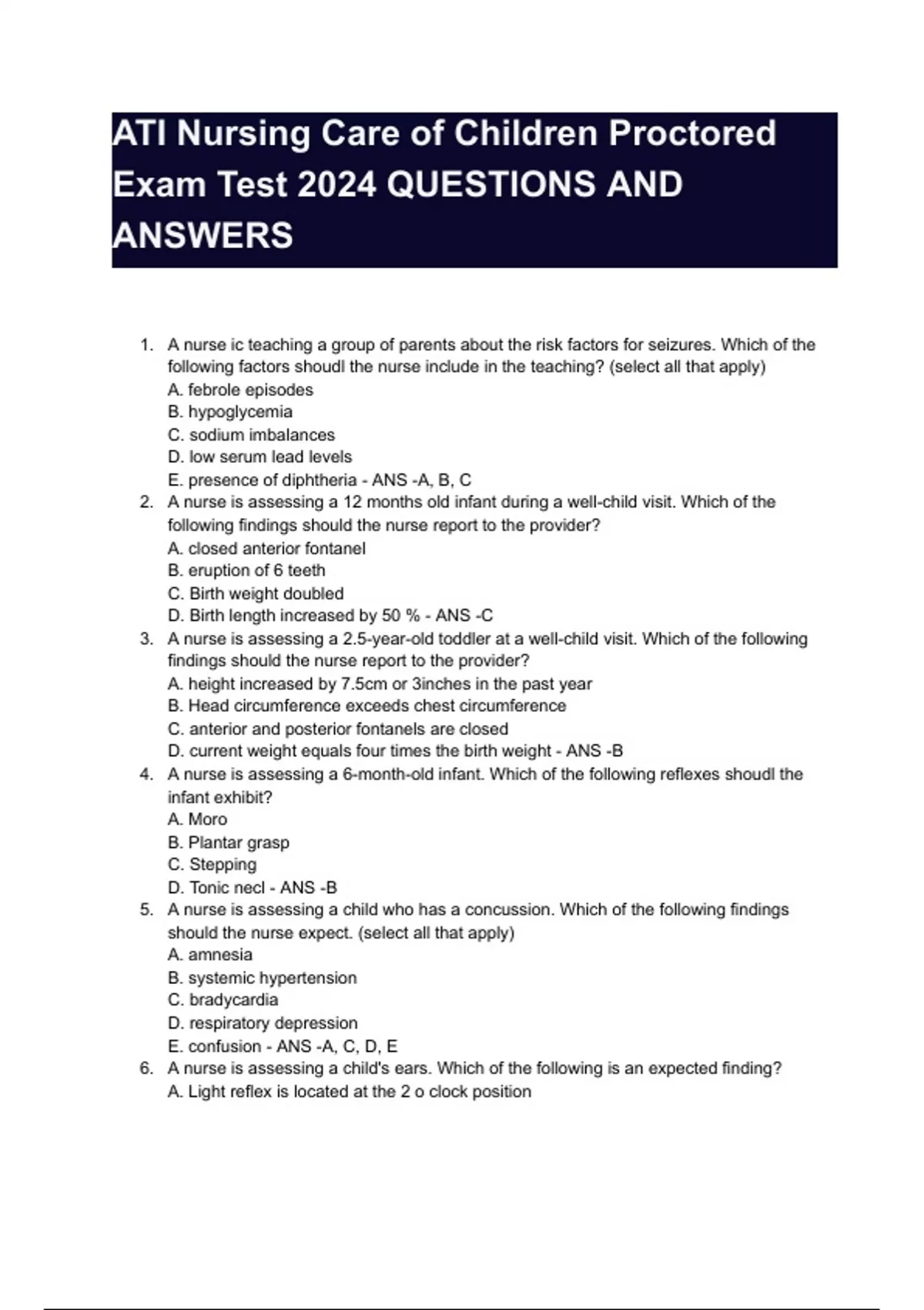 ATI Nursing Care of Children Proctored Exam Test 2024 QUESTIONS AND ...