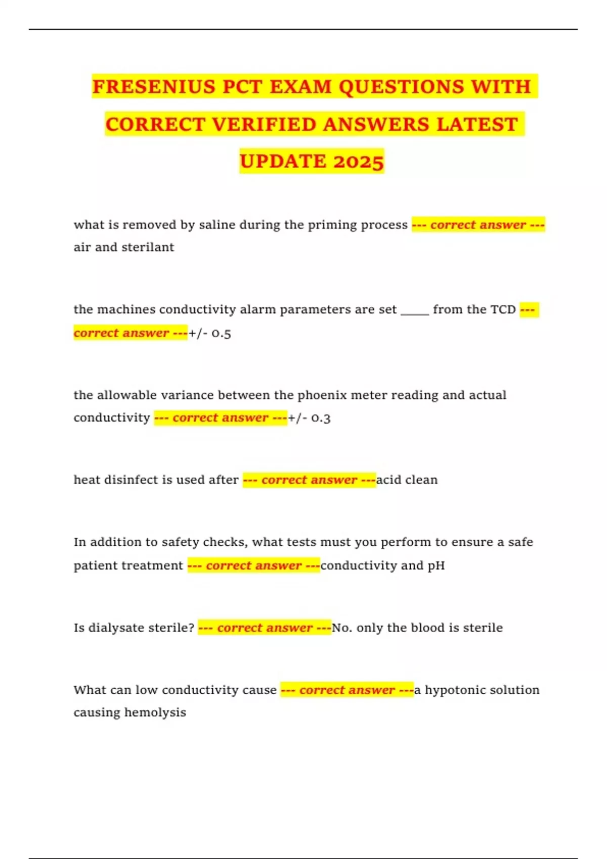 FRESENIUS PCT EXAM QUESTIONS WITH CORRECT VERIFIED ANSWERS LATEST ...
