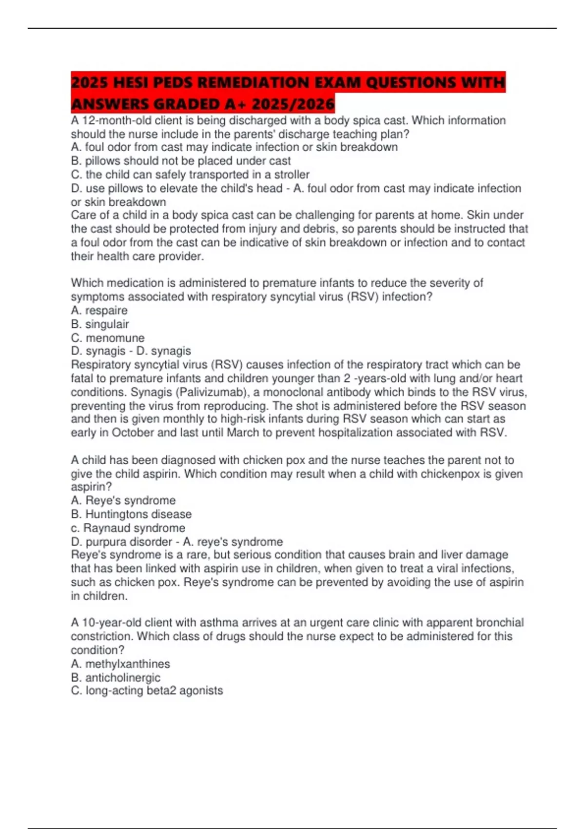 2025 HESI PEDS REMEDIATION EXAM QUESTIONS WITH ANSWERS GRADED A+ 2025/ ...