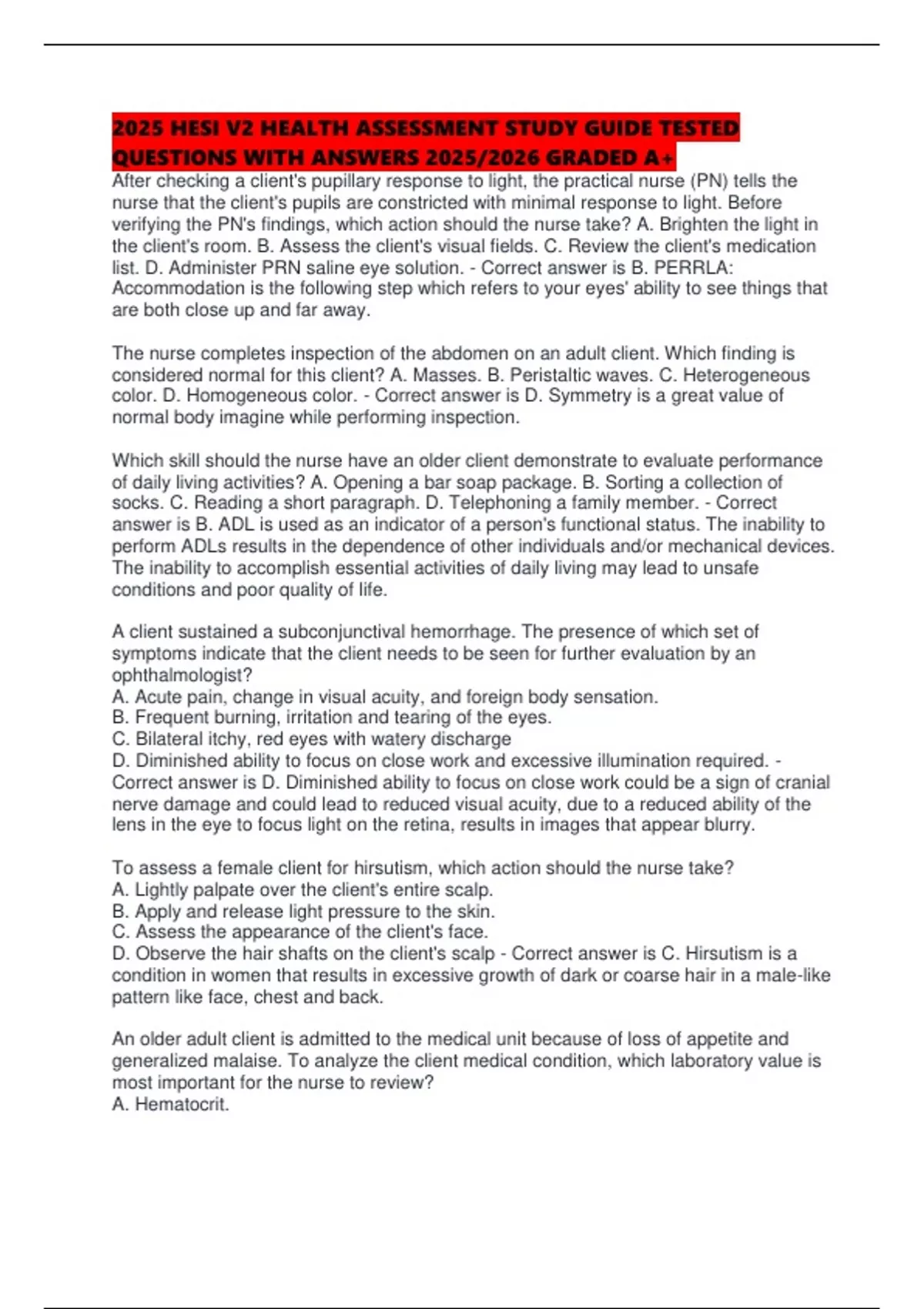 2025 HESI V2 HEALTH ASSESSMENT STUDY GUIDE TESTED QUESTIONS WITH ...