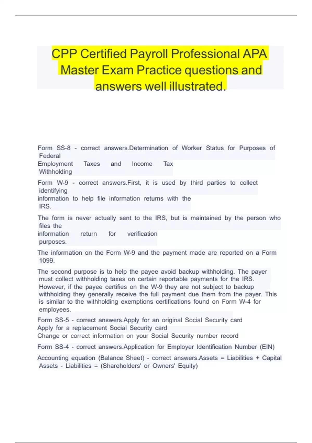 CPP Certified Payroll Professional APA Master Exam Practice questions and answers well ...