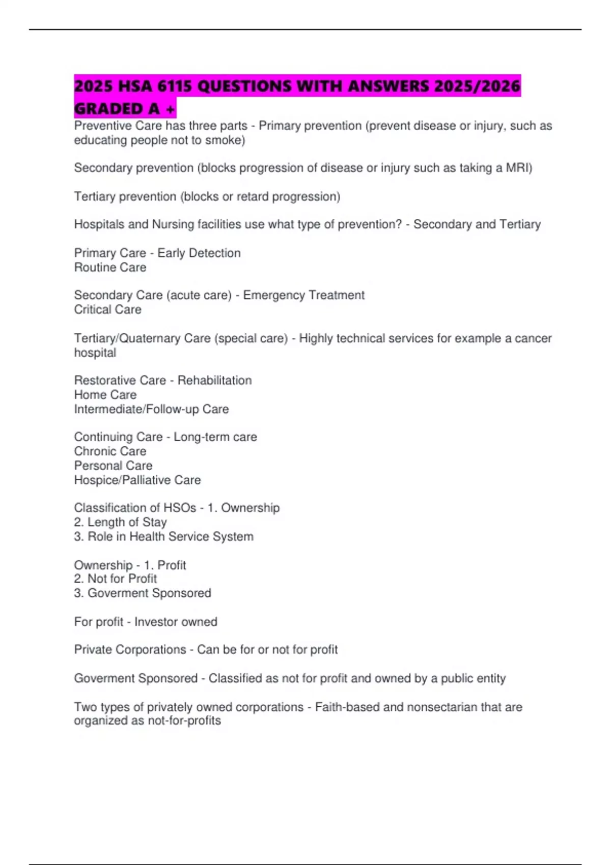 2025 HSA 6115 QUESTIONS WITH ANSWERS 2025/2026 GRADED A + - HSA - Stuvia US