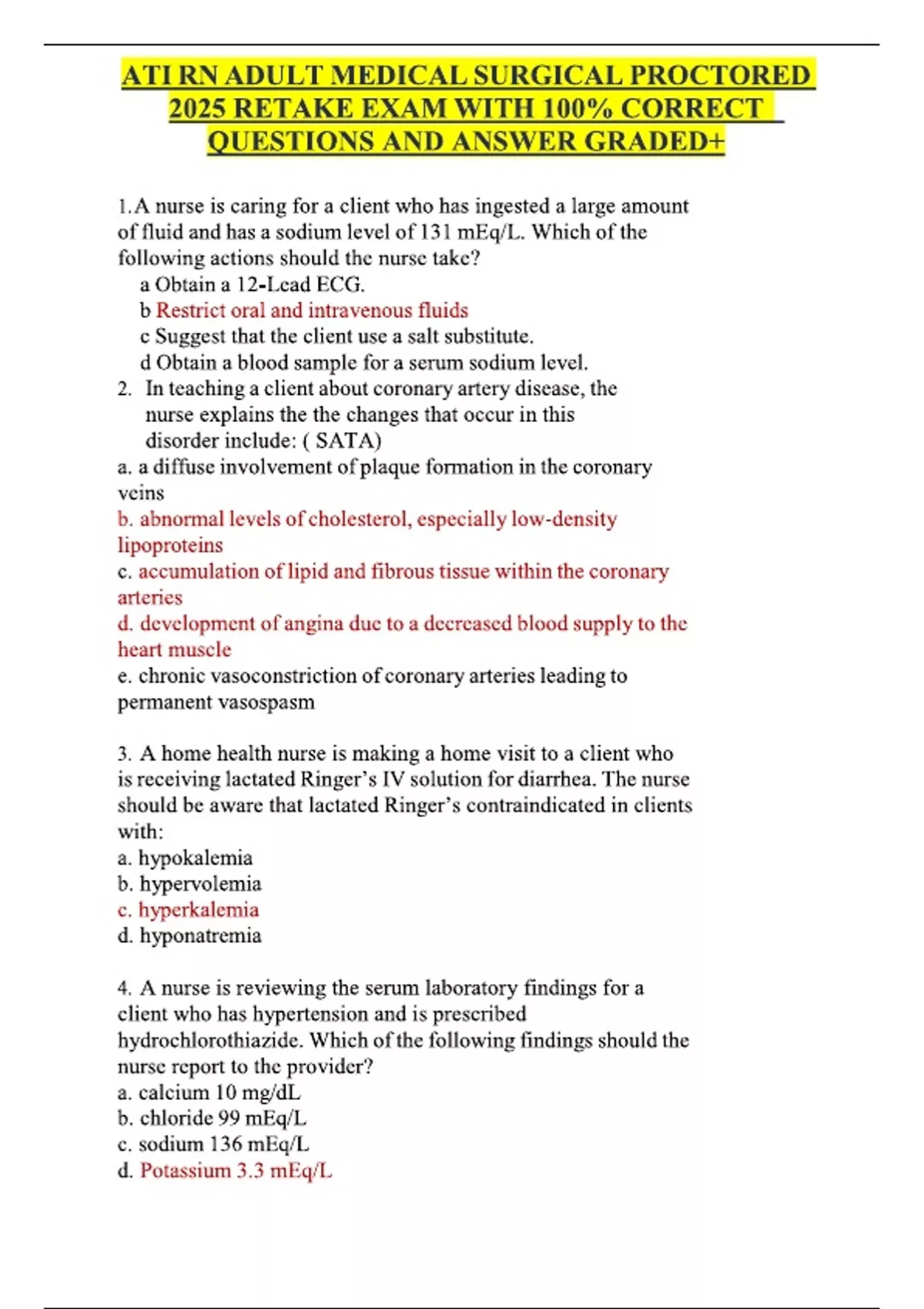 ATI RN ADULT MEDICAL SURGICAL PROCTORED 2025 RETAKE EXAM WITH 100% CORRECT QUESTIONS AND ANSWER ...