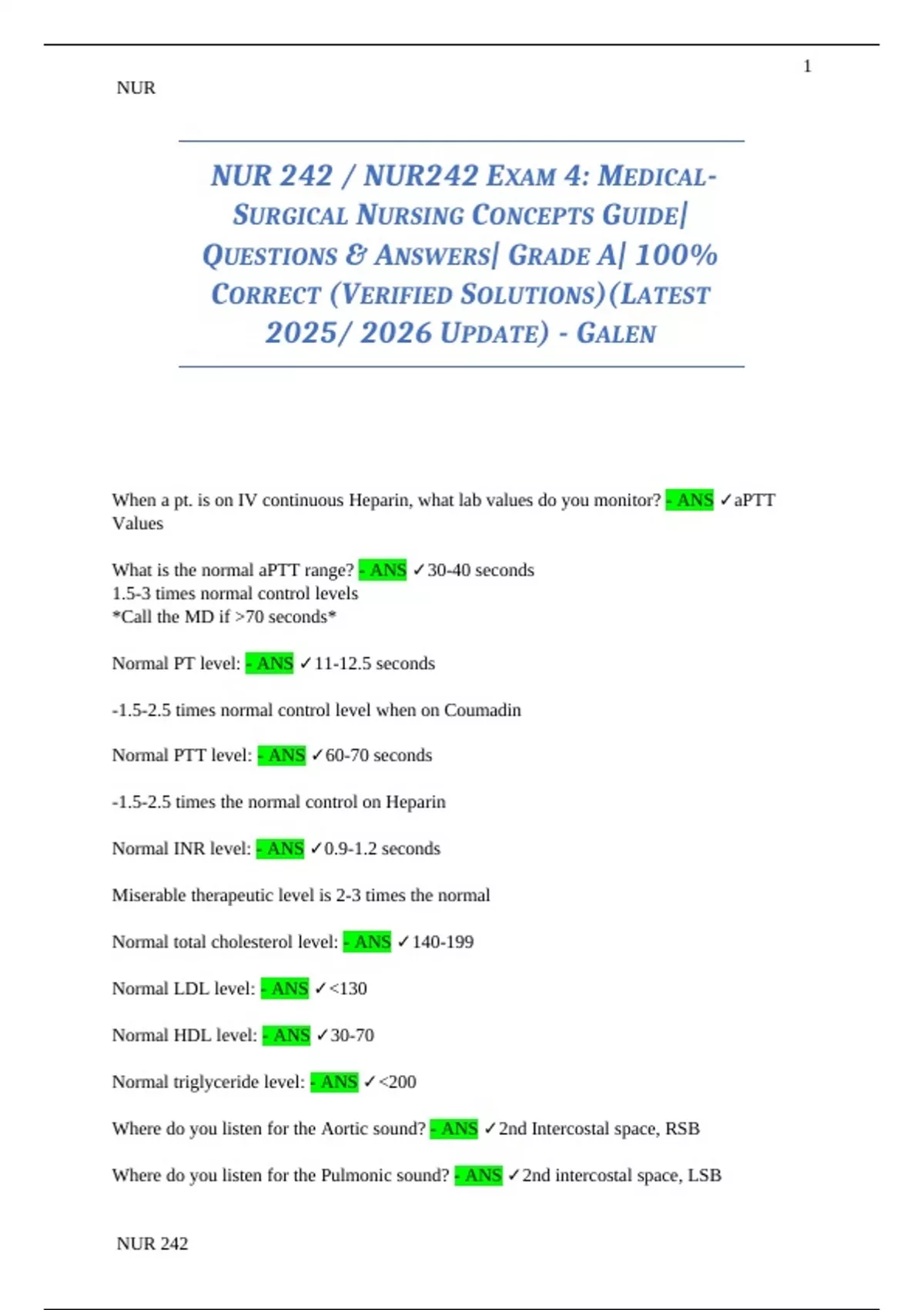 NUR 242 / NUR242 – 2025/2026 – Exam 4 Medical-Surgical Nursing Concepts ...