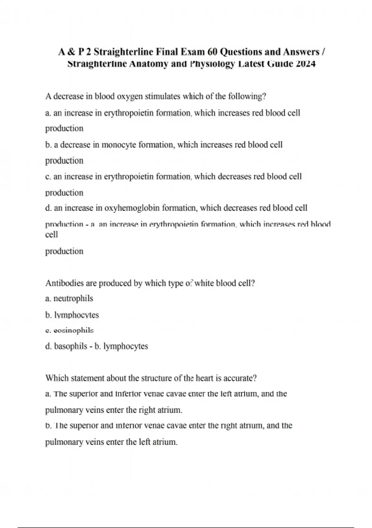 A & P 2 Straighterline Final Exam 60 Questions and Answers ...