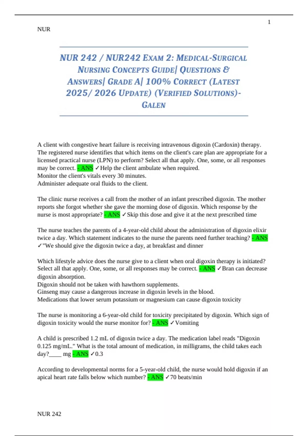 NUR 242 / NUR242 EXAM 2: MEDICAL-SURGICAL NURSING CONCEPTS GUIDE ...