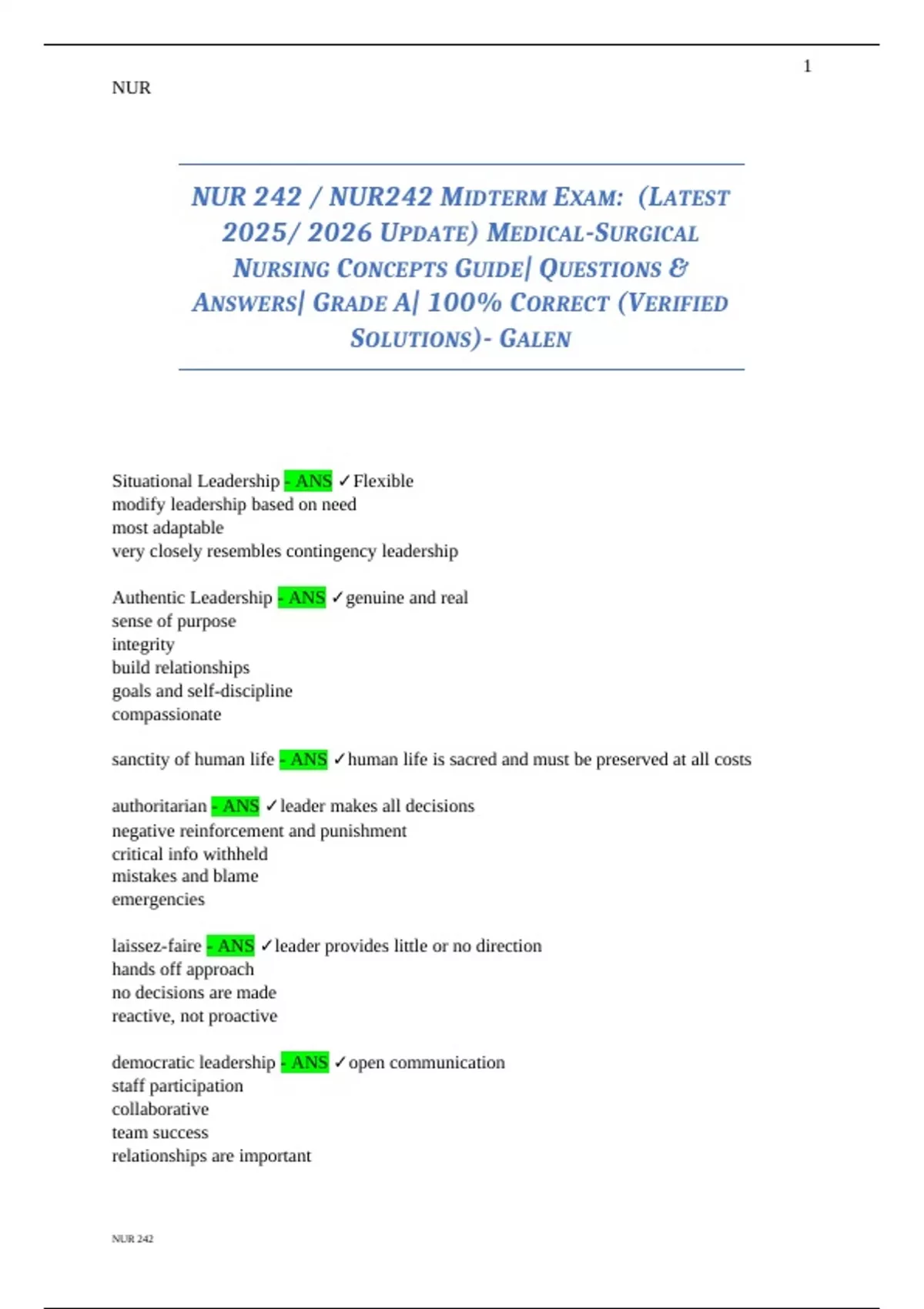 NUR 242 / NUR242 MIDTERM EXAM: (LATEST 2025/ 2026 UPDATE) MEDICAL ...