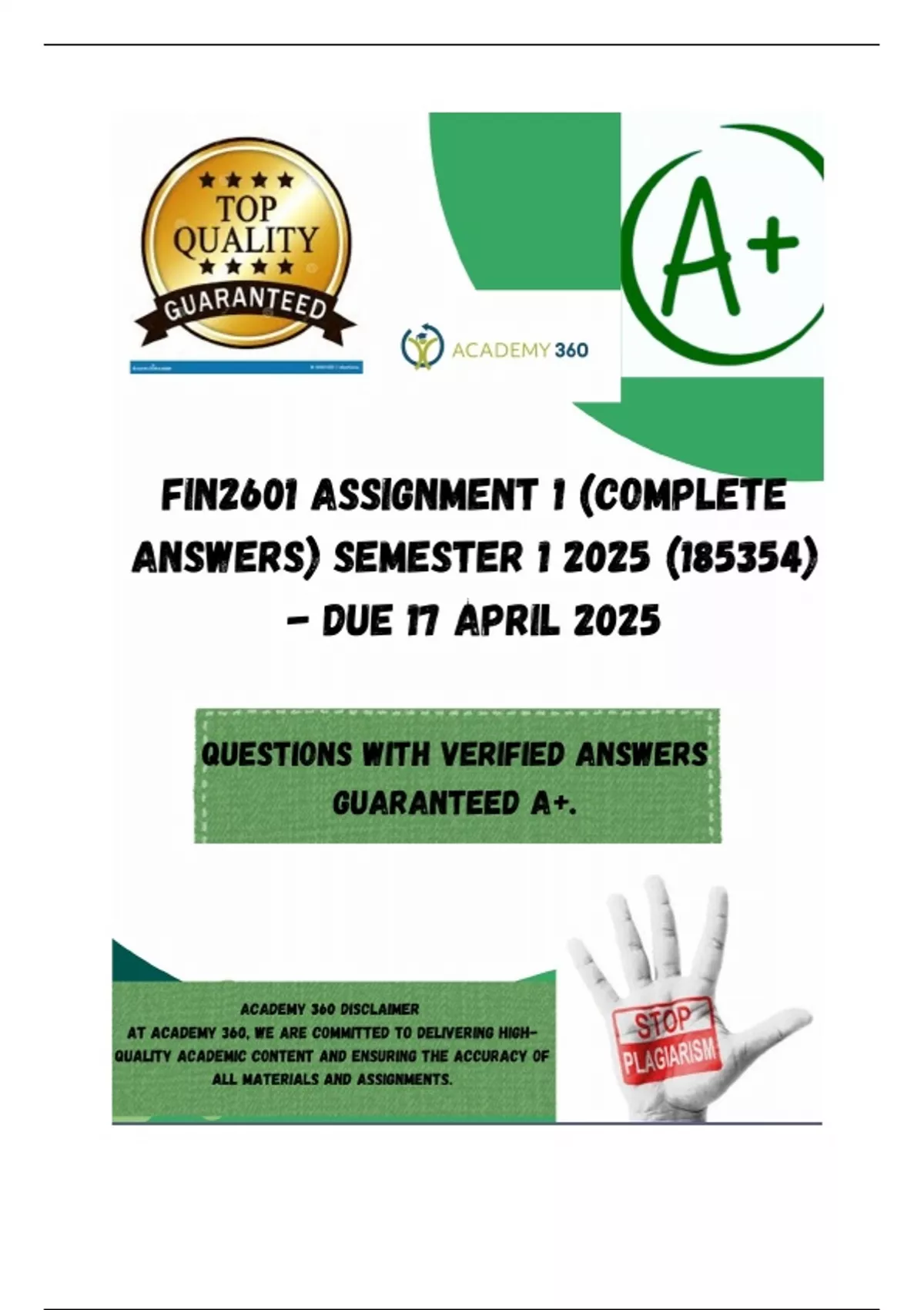FIN2601 Assignment 1 (COMPLETE ANSWERS) Semester 1 2025 (185354) - DUE ...