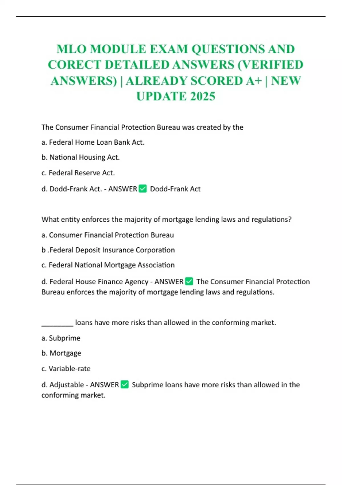 MLO MODULE EXAM QUESTIONS AND CORECT DETAILED ANSWERS (VERIFIED ANSWERS ...