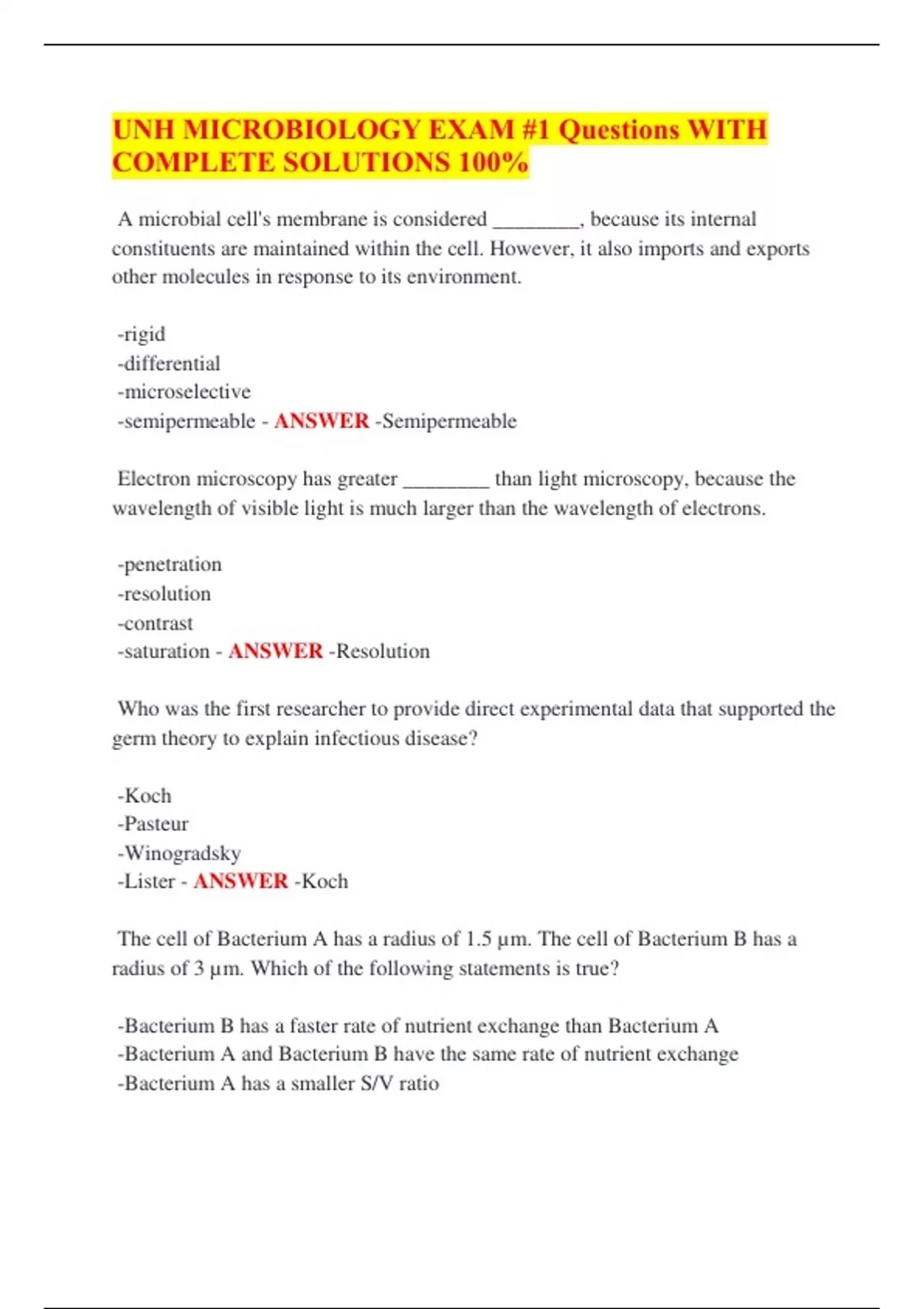UNH MICROBIOLOGY EXAM #1 Questions WITH COMPLETE SOLUTIONS 100% - UNH ...