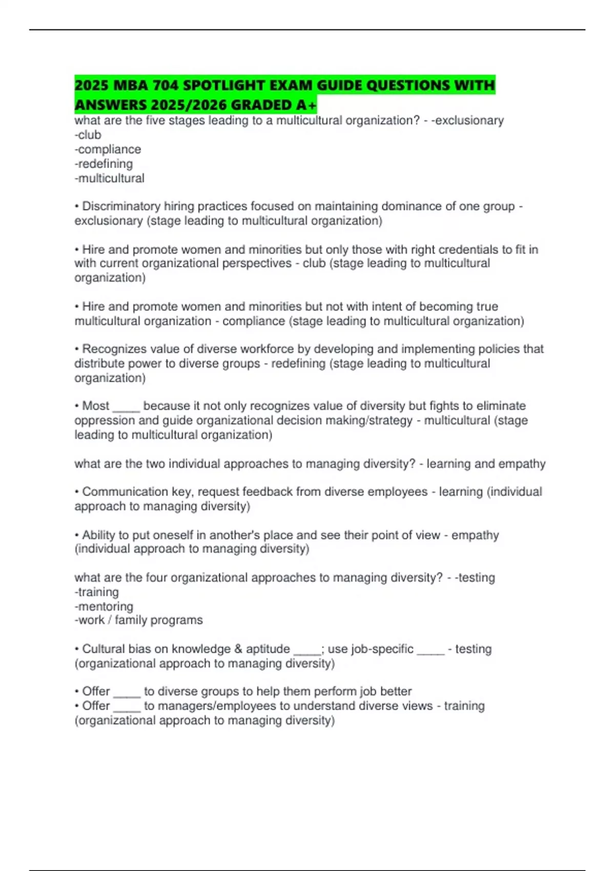 2025 MBA 704 SPOTLIGHT EXAM GUIDE QUESTIONS WITH ANSWERS 2025/2026 ...