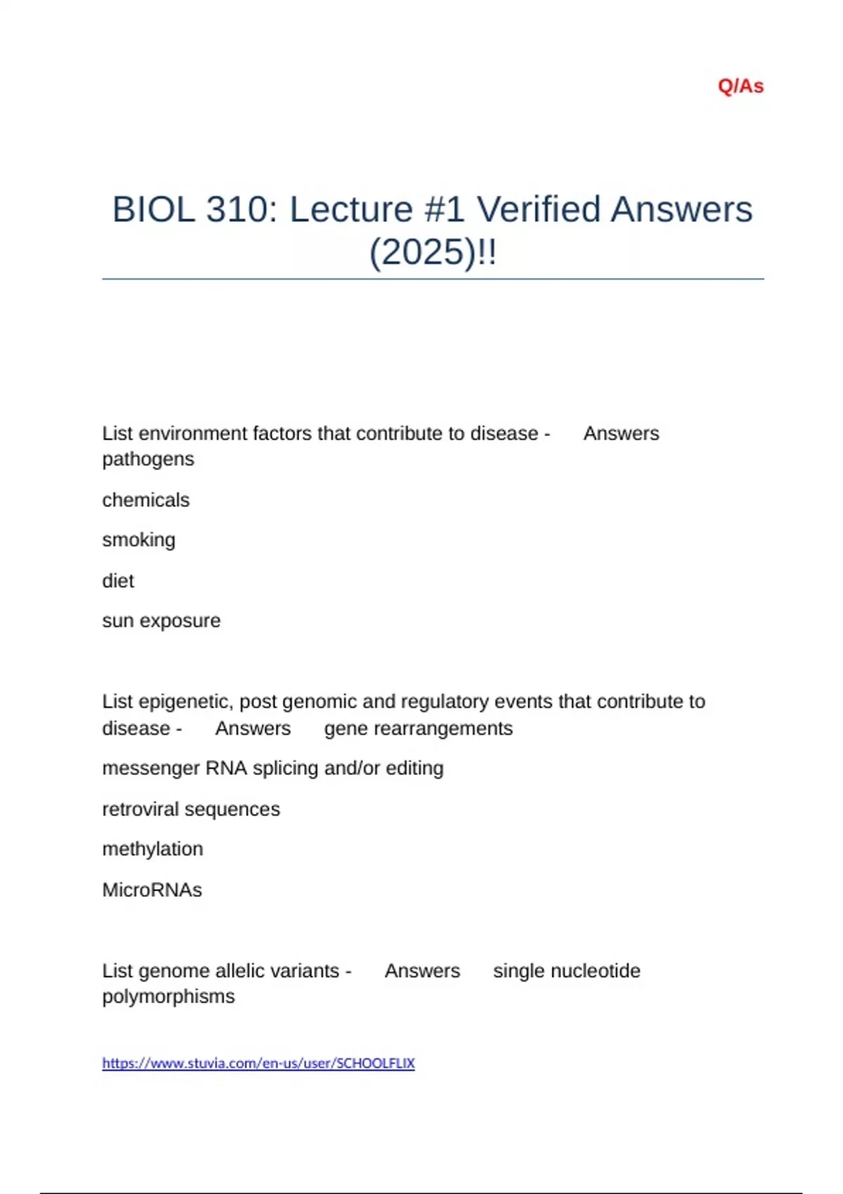 BIOL 310 Lecture -1 Verified Answers (2025)!! - BIOL 310 - Stuvia US
