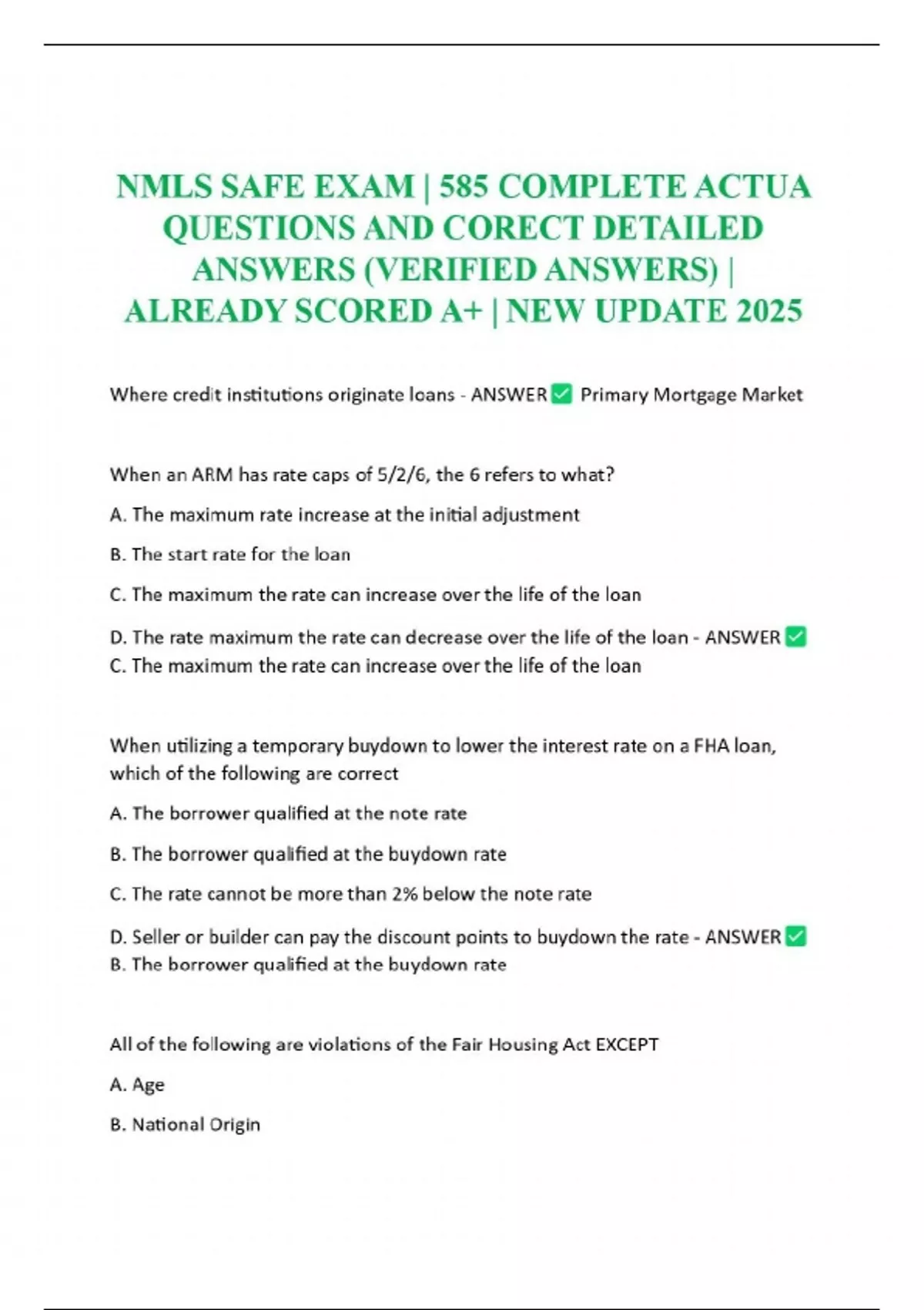 NMLS SAFE EXAM | 585 COMPLETE ACTUA QUESTIONS AND CORECT DETAILED ...