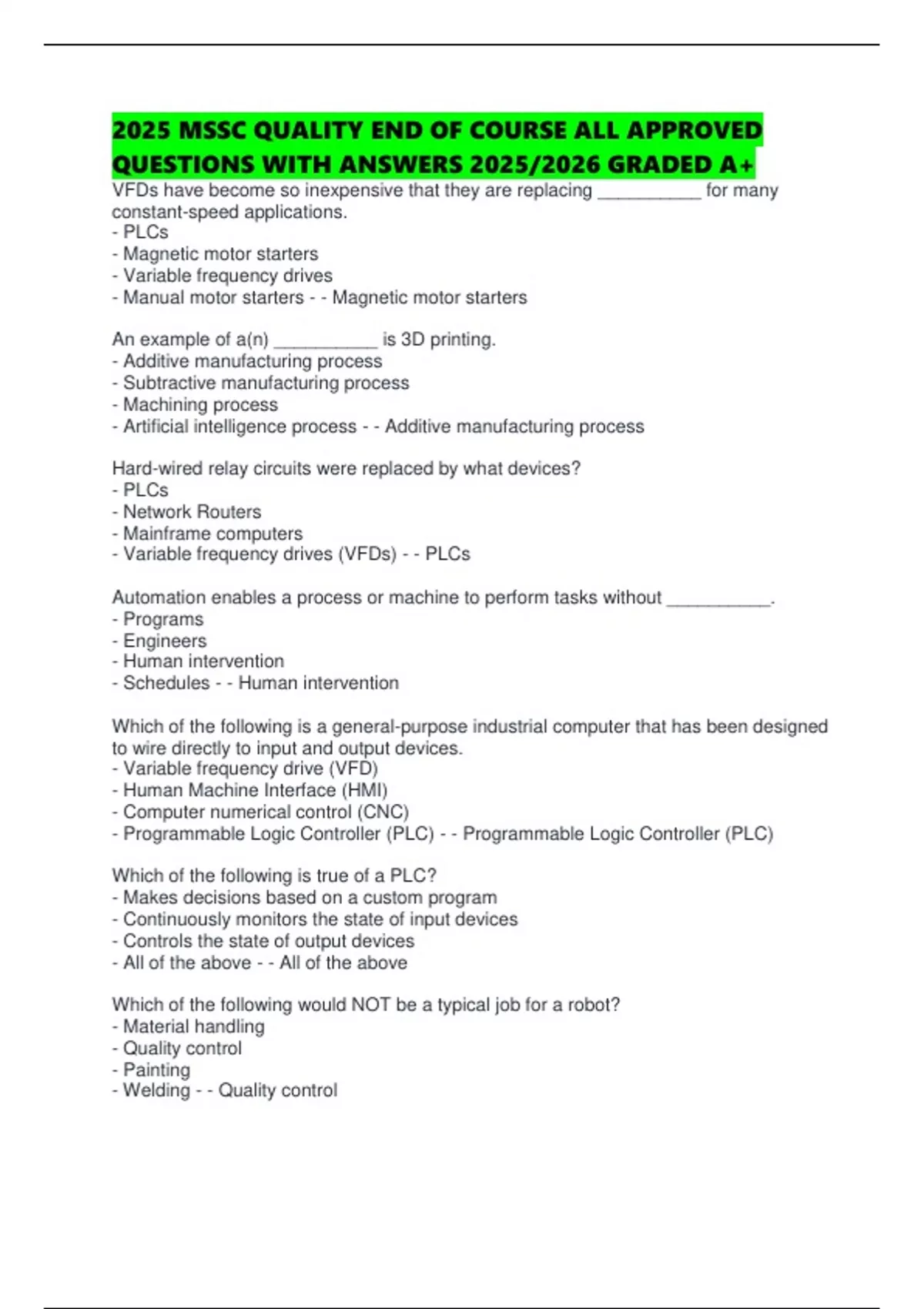 2025 MSSC QUALITY END OF COURSE ALL APPROVED QUESTIONS WITH ANSWERS ...