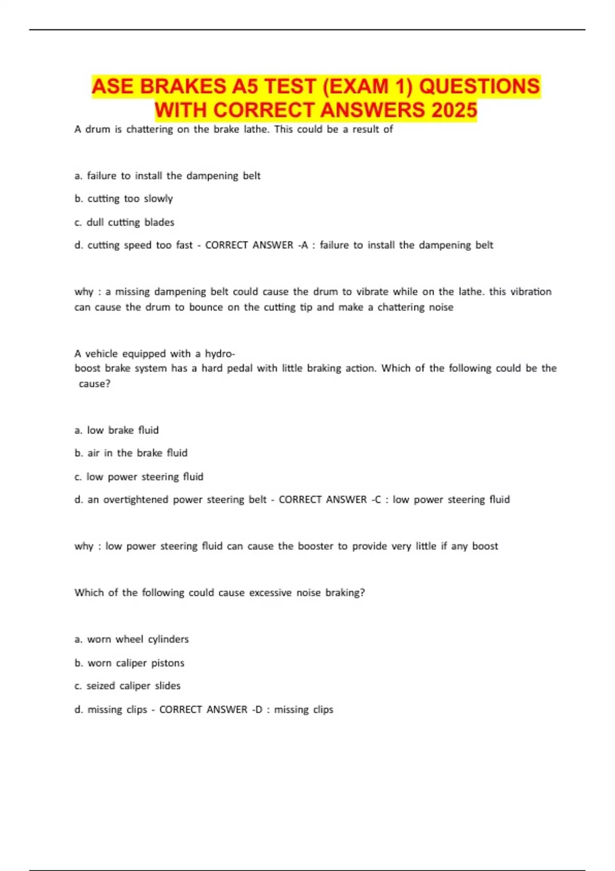 ASE BRAKES A5 TEST (EXAM 1) QUESTIONS WITH CORRECT ANSWERS 2025 - ASE ...